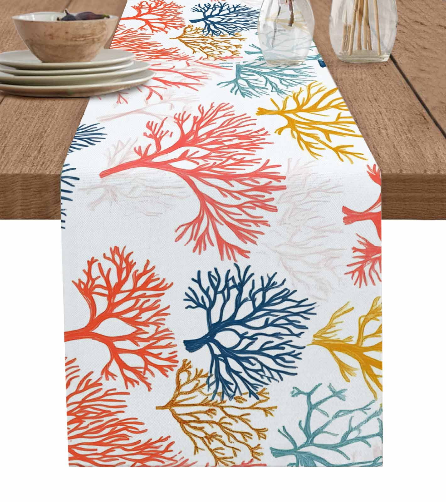 Ocean Coral Burlap Cotton Table Runner 13x90 Inches Long, Coastal ...