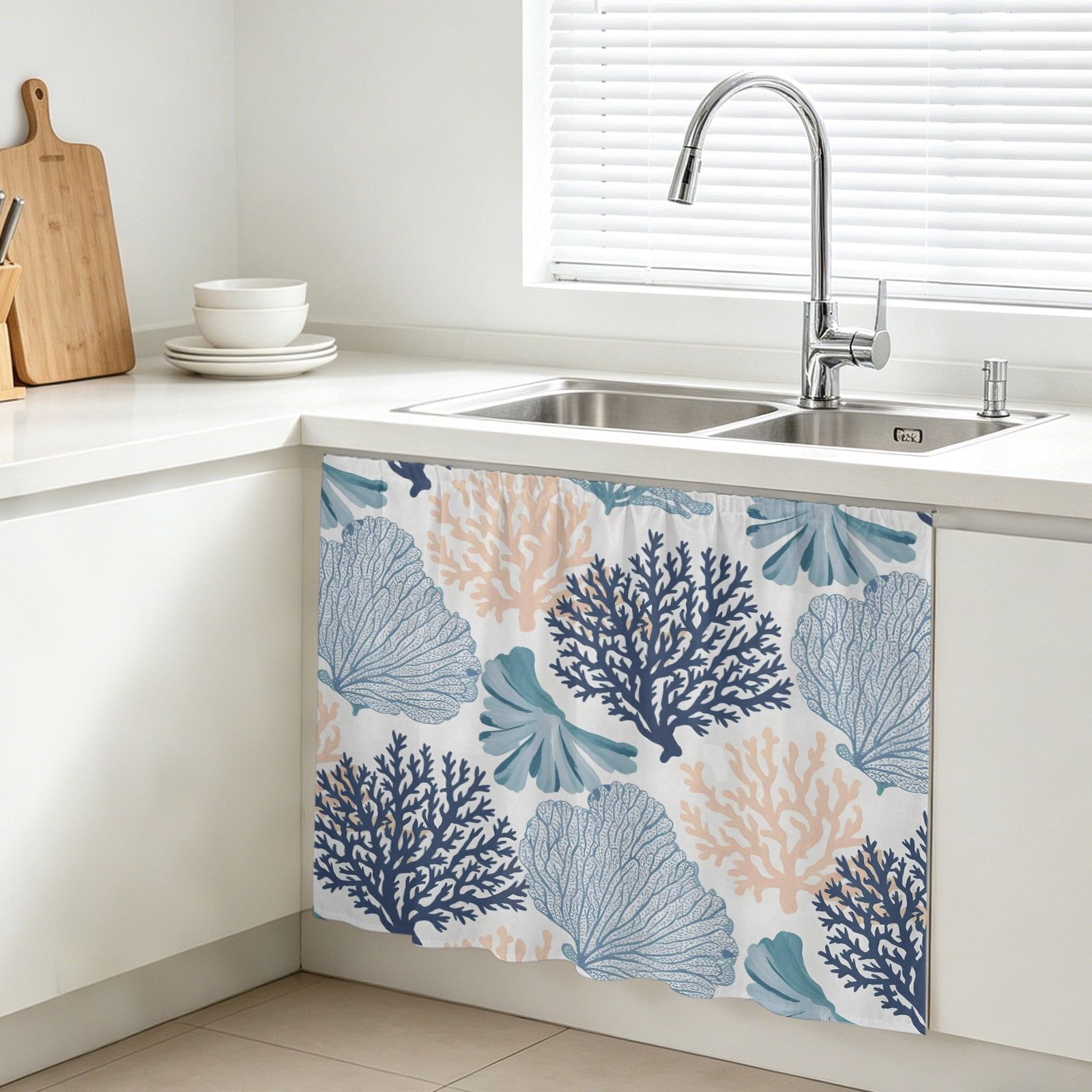 Ocean Coral Cabinet Curtains for Kitchen 10"W x 11"L, Teal Beige Coral ...