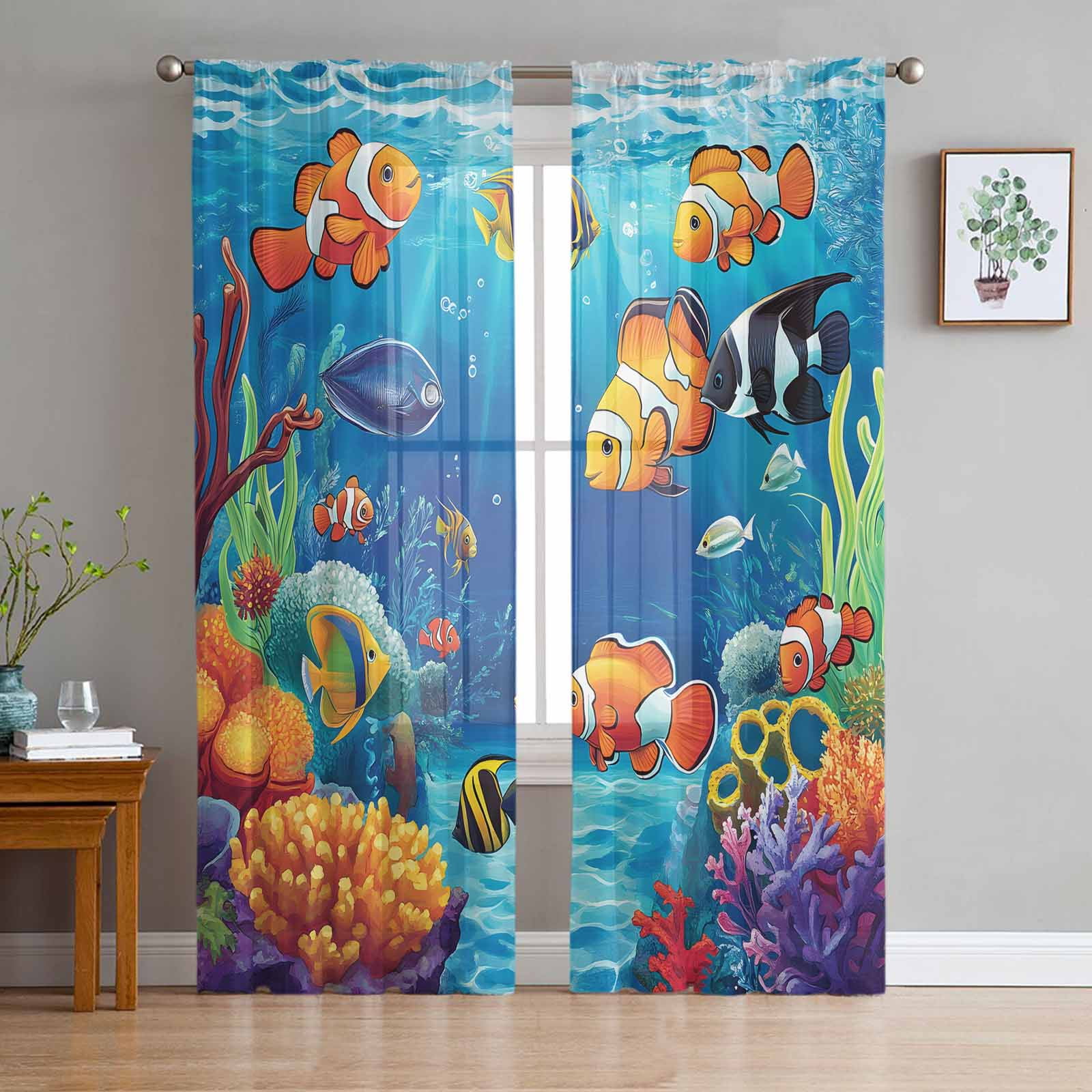 Ocean Coral Fish Sheer Curtains 96 Inches Long 2 Panels Set, Window ...