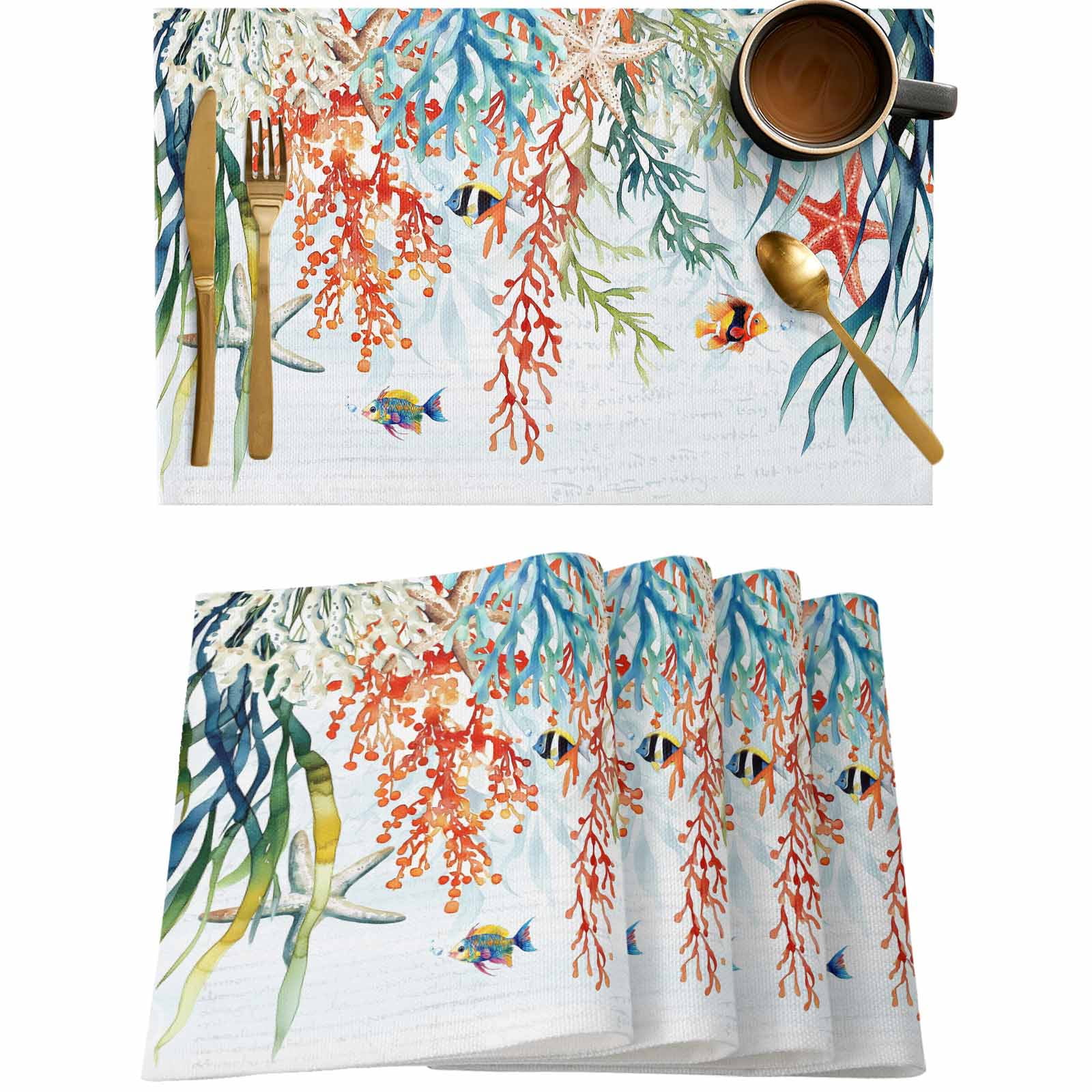 Ocean Coral Fish Starfish Placemats Set of 4,Wipeable Washable Table ...