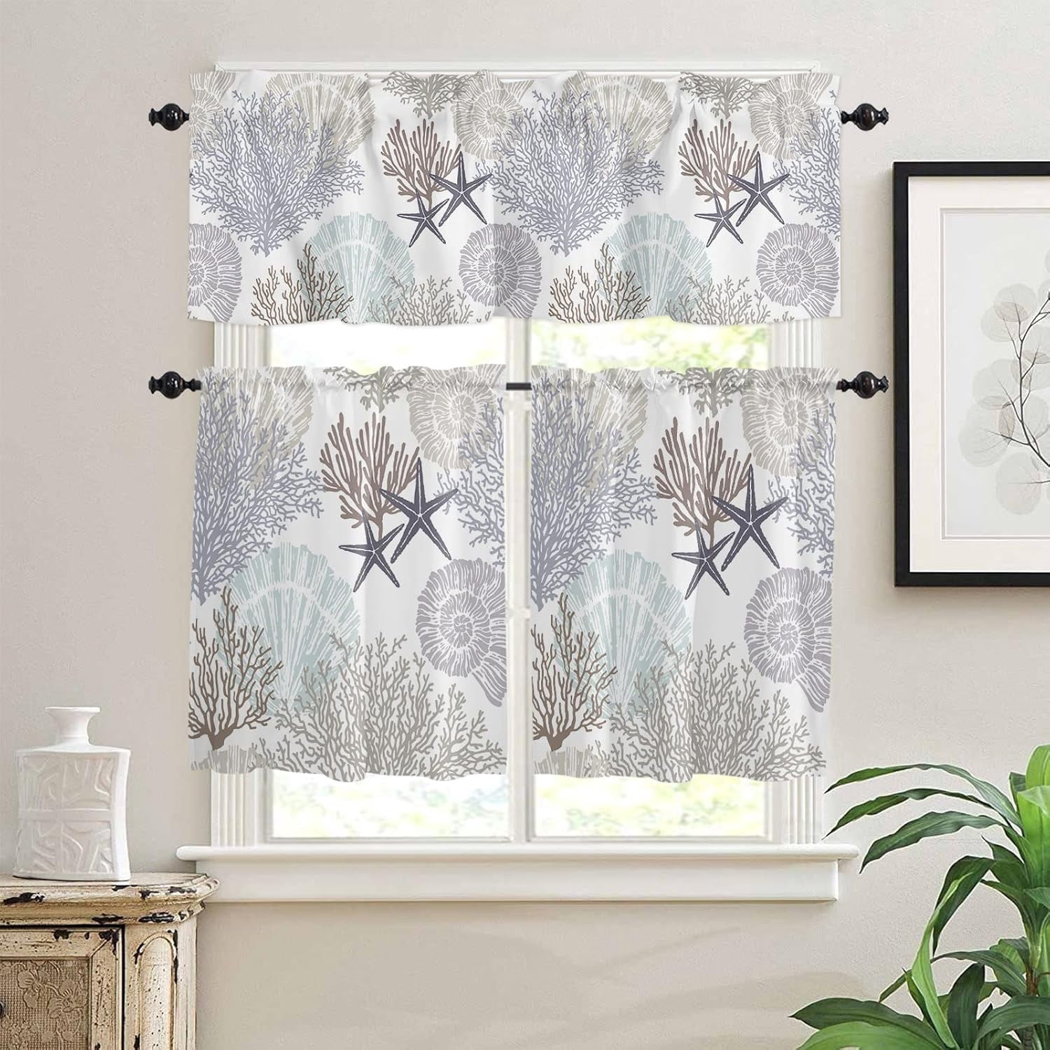 Ocean Coral Kitchen Curtains and Valances Set, Seashell Starfish ...