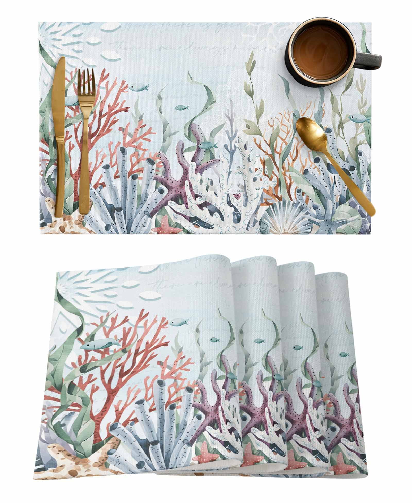 Ocean Coral Placemats Set of 4 Starfish Seagrass Undersea Nautical ...