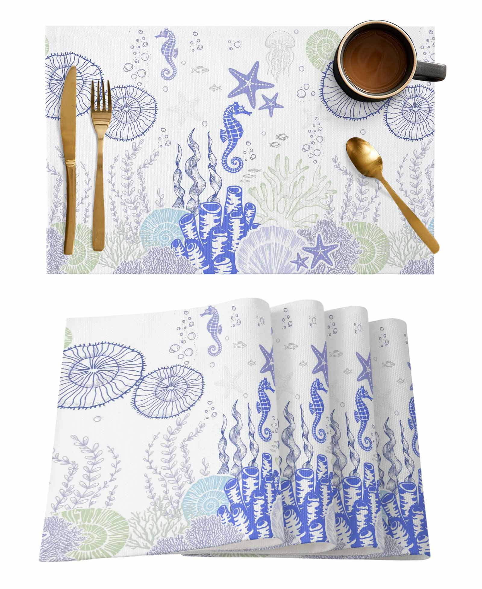 Ocean Coral Placemats Set of 8 Purple Shell Seahorse Starfish Abstract ...