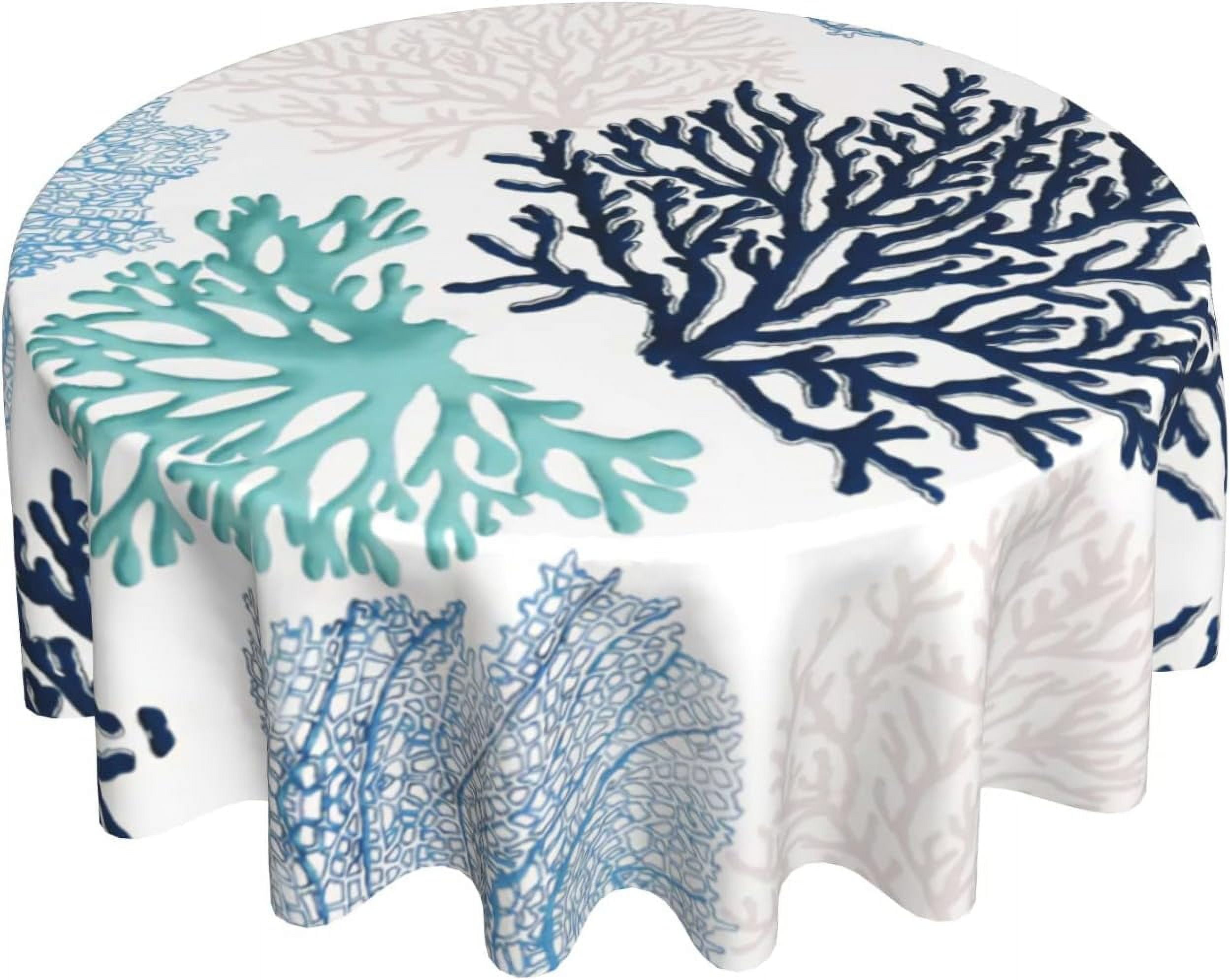 Ocean Coral Round Tablecloth, 60 Inch Summer Blue White Coral Reef ...