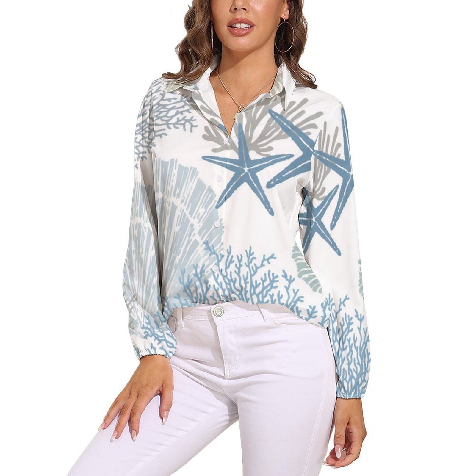 Ocean Coral Shell Blue Green Sea Long Sleeve Blouse Woman Streetwear ...