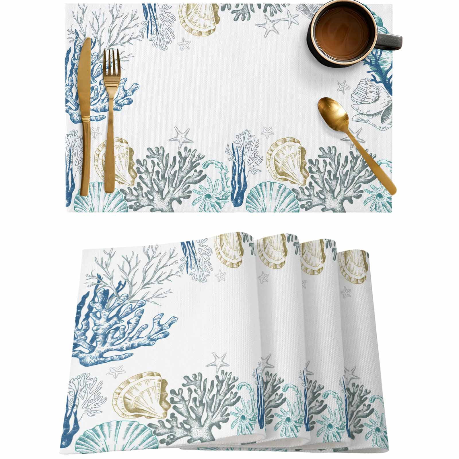 Ocean Coral Shell Conch Placemats Set of 4,Wipeable Washable Table Mats ...