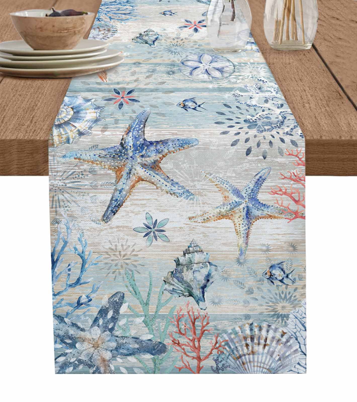 Ocean Coral Shell Conch Retro Star Woodgrain Table Runner Wedding ...