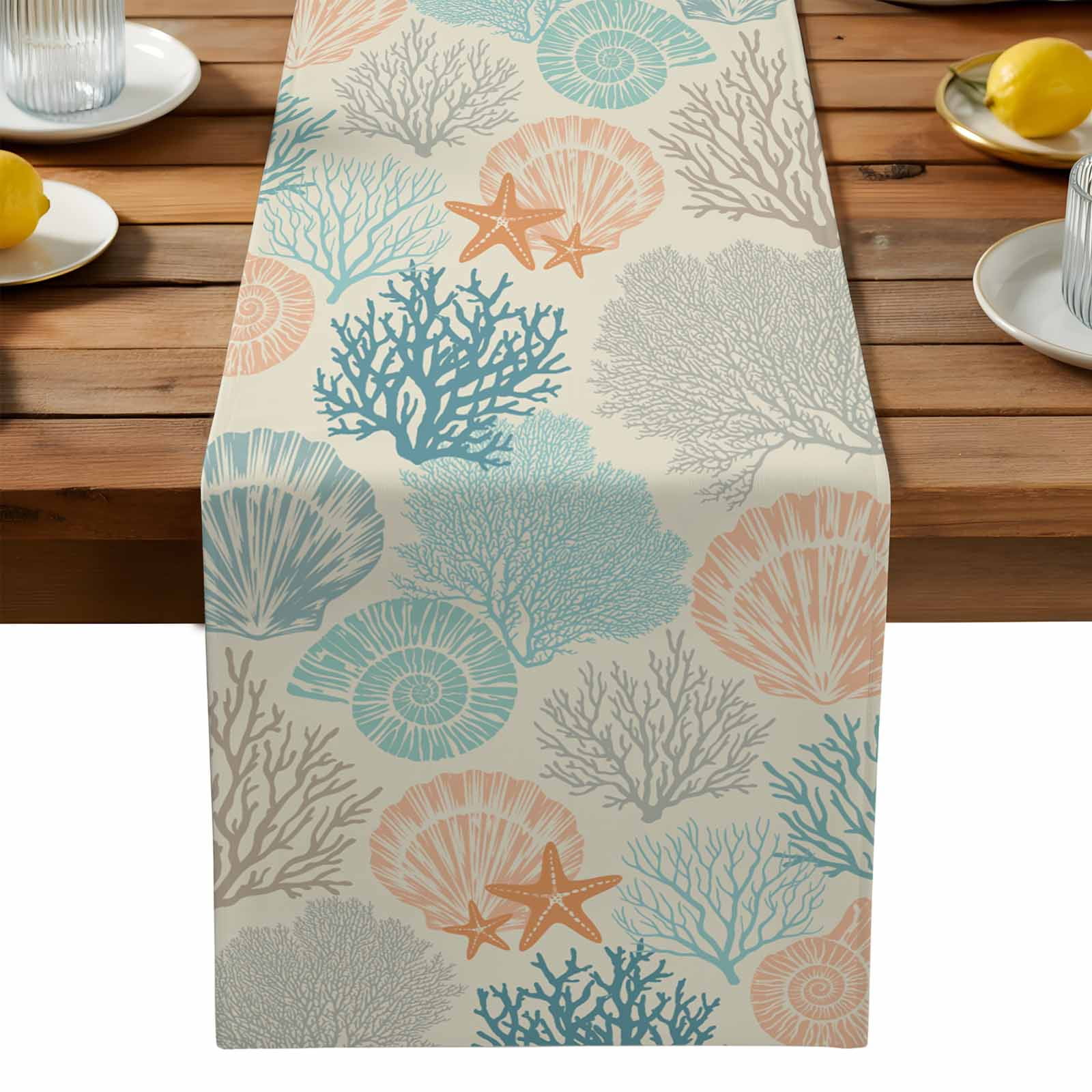 Ocean Coral Shell Conch Starfish Table Runners 13x90 Inches Long Linen ...