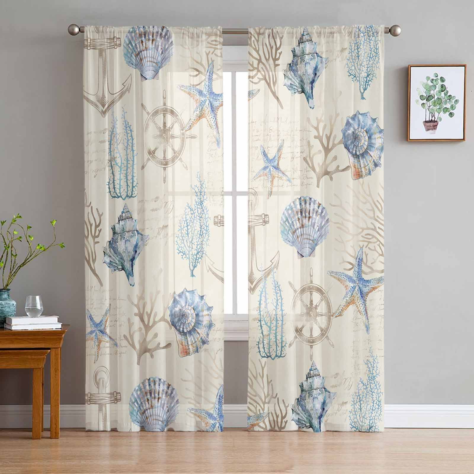 Ocean Coral Shell Star Ship Anchor Rudder Retro Sheer Curtains for ...