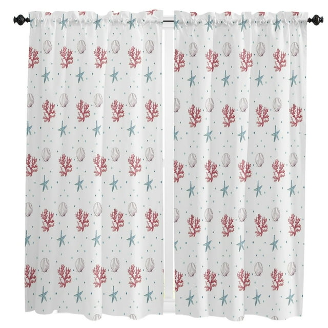 Ocean Coral Summer Scallop StarTile Pattern Rod Pocket Short Curtain ...