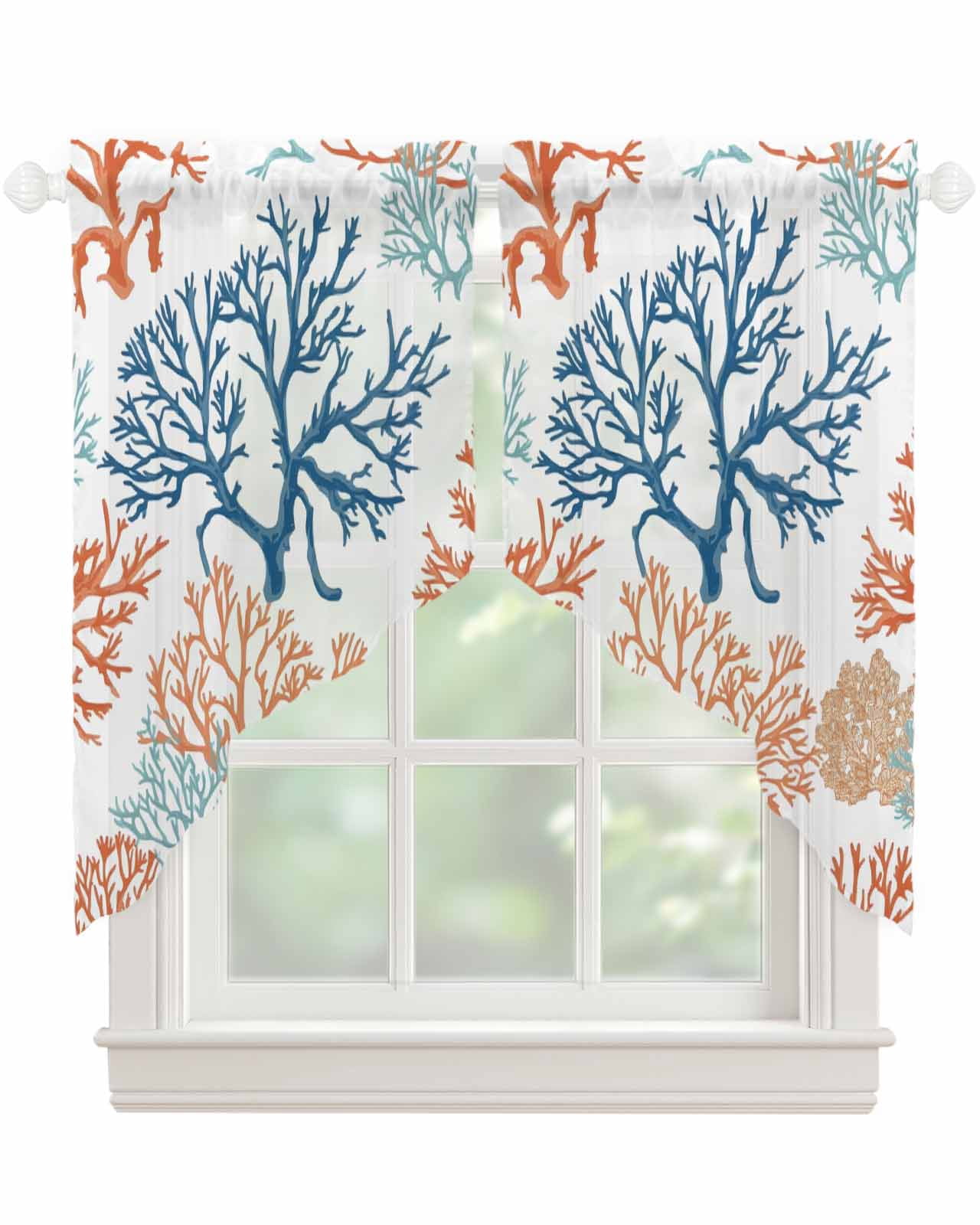 Ocean Coral Swag Valances for Windows, Coastal Orange Blue Green Nature ...