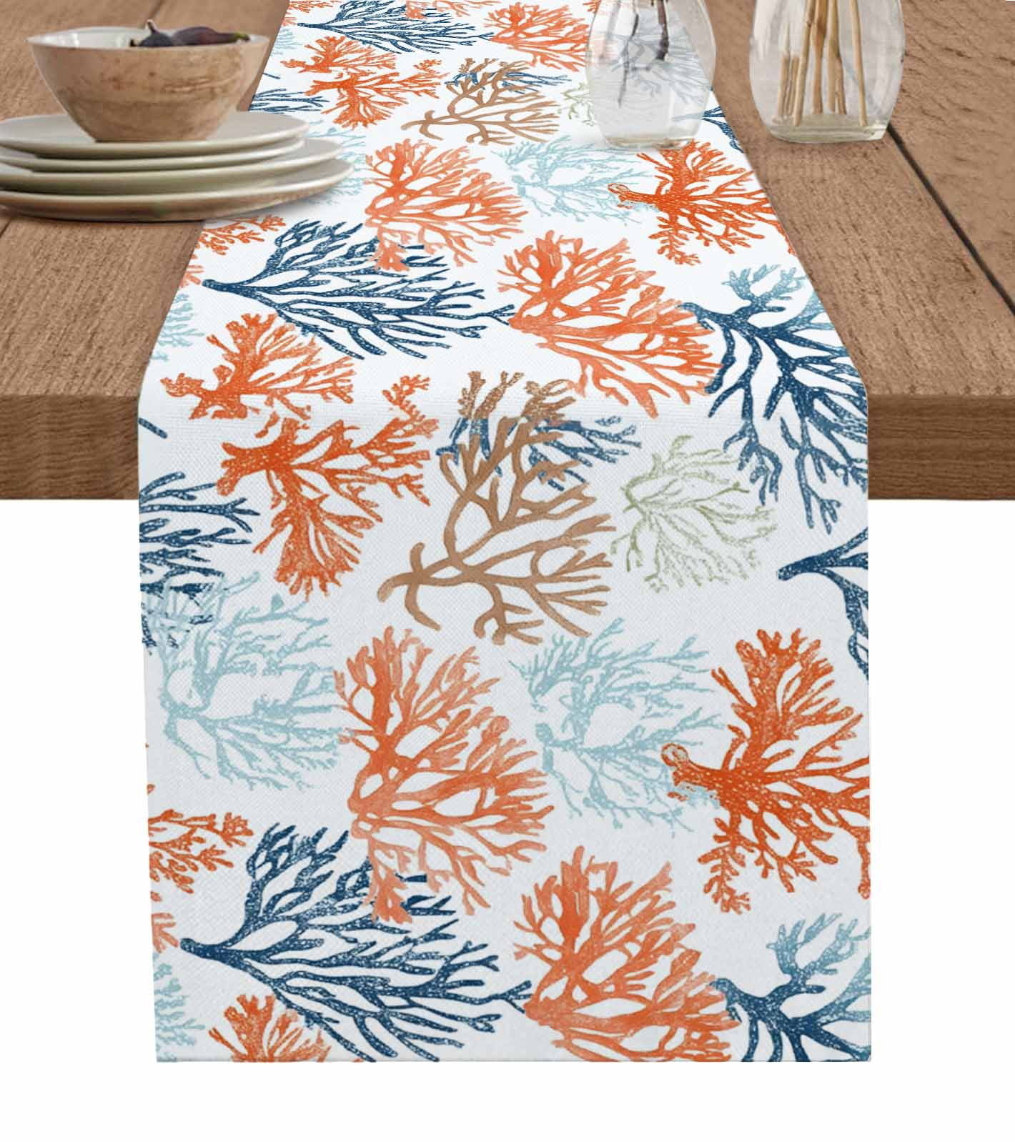 Ocean Coral Table Runner 70 Inches, Gradient Orange Blue Brown Sage ...