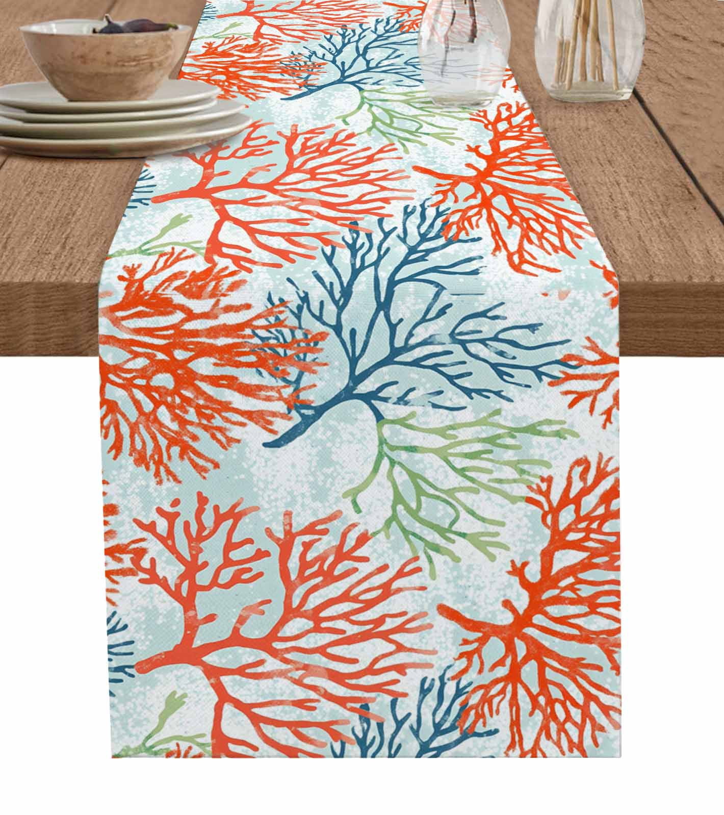 Ocean Coral Table Runner 72 Inches, Abstract Boho Gradient Coastal ...