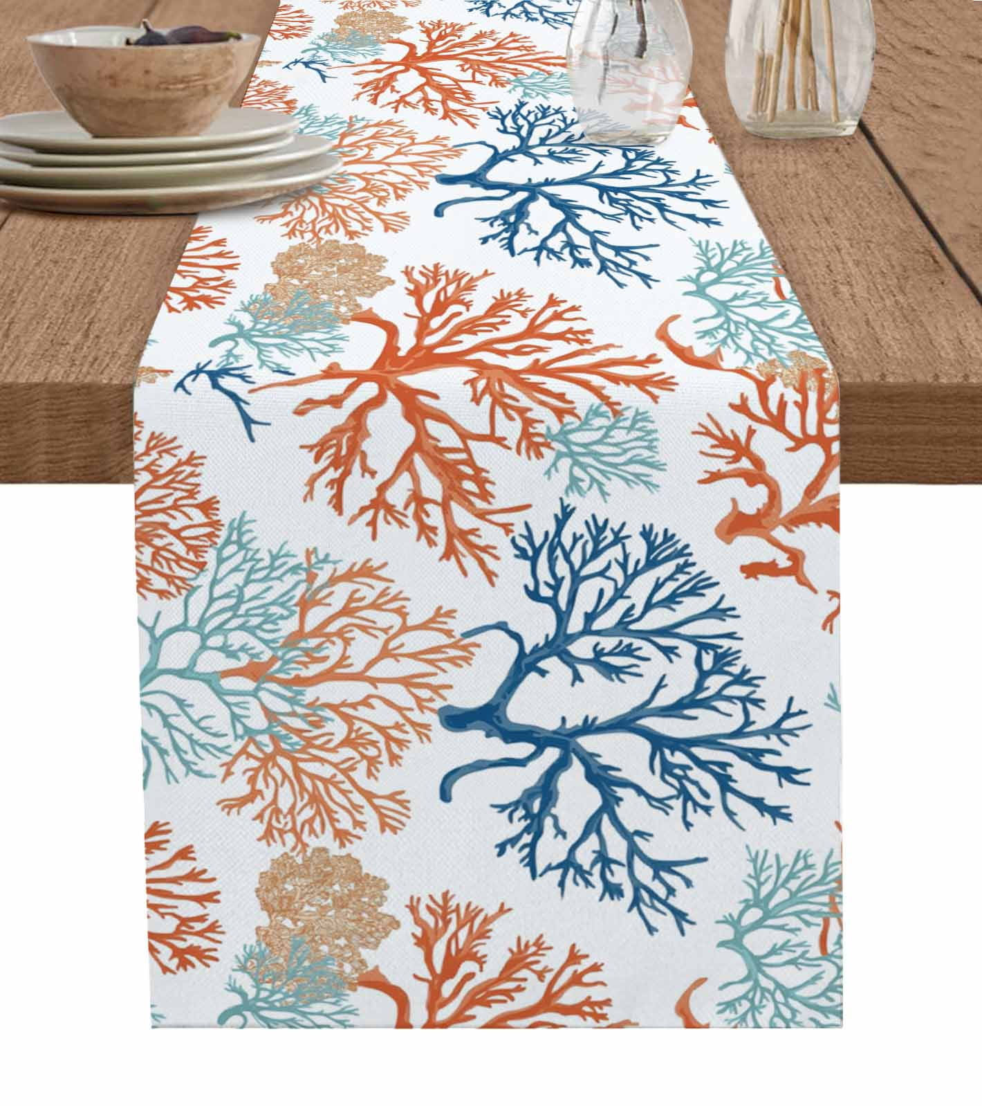 Ocean Coral Table Runner 72 Inches, Coastal Orange Blue Green Nature ...