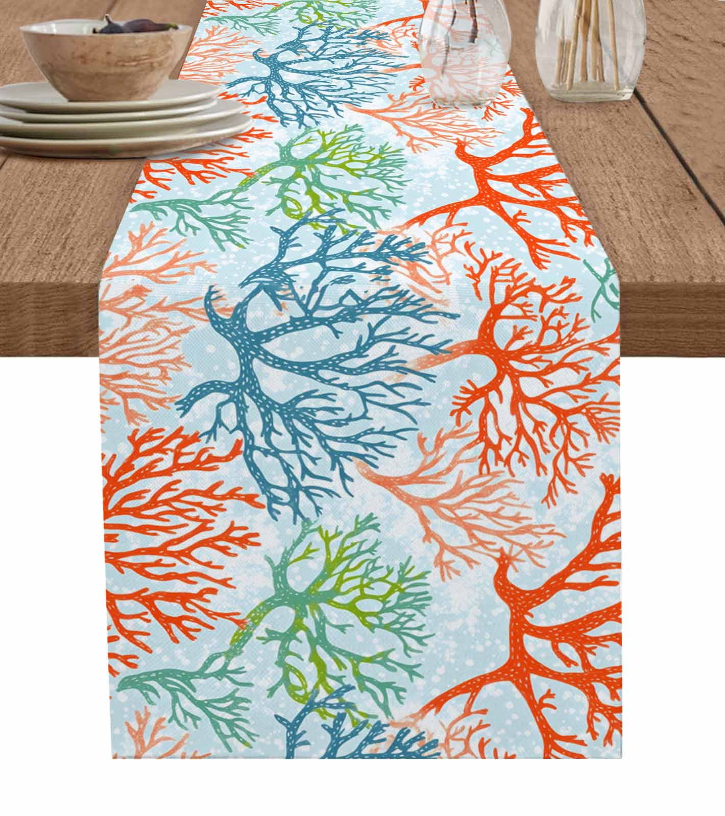 Ocean Coral Table Runner 72 Inches, Orange Red Green Turquoise Plant ...