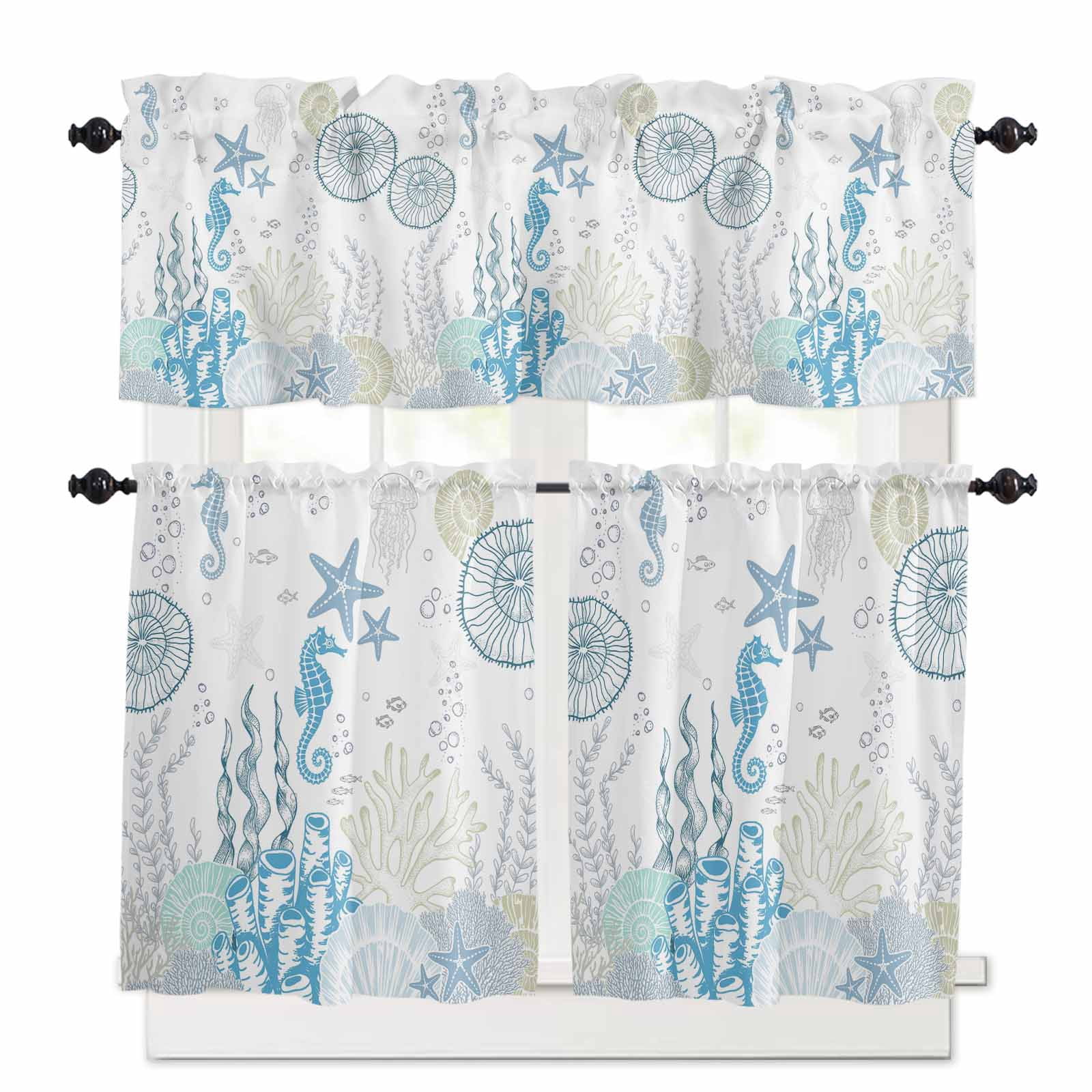 Ocean Coral Window Curtains Valance Set of 3 Blue Theme Shell Seahorse ...