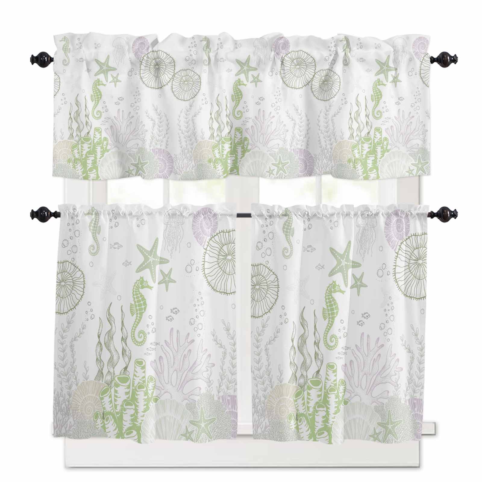 Ocean Coral Window Curtains Valance Set of 3 Grass Green Shell Seahorse ...