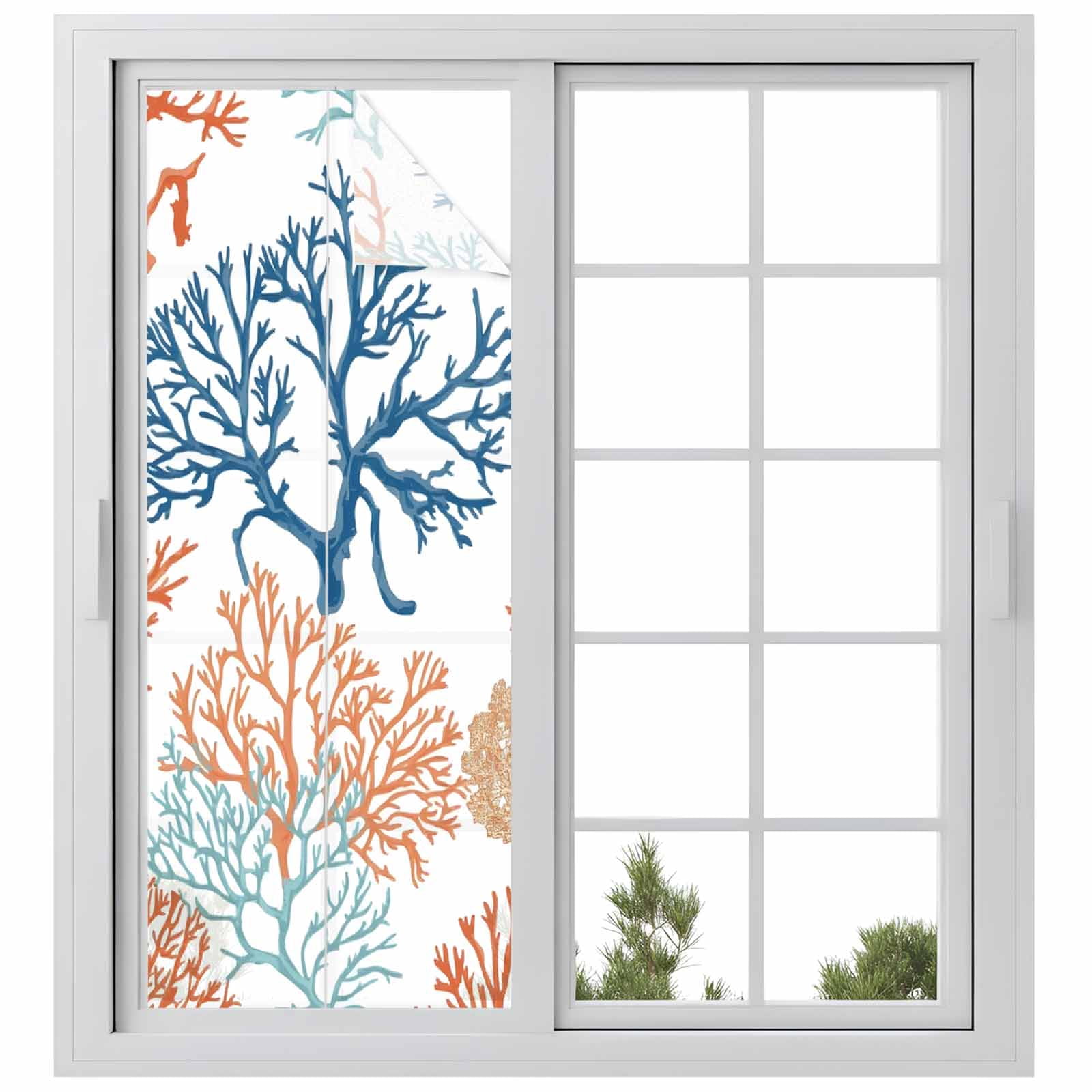 Ocean Coral Window Privacy Film, Coastal Orange Blue Green Nature ...