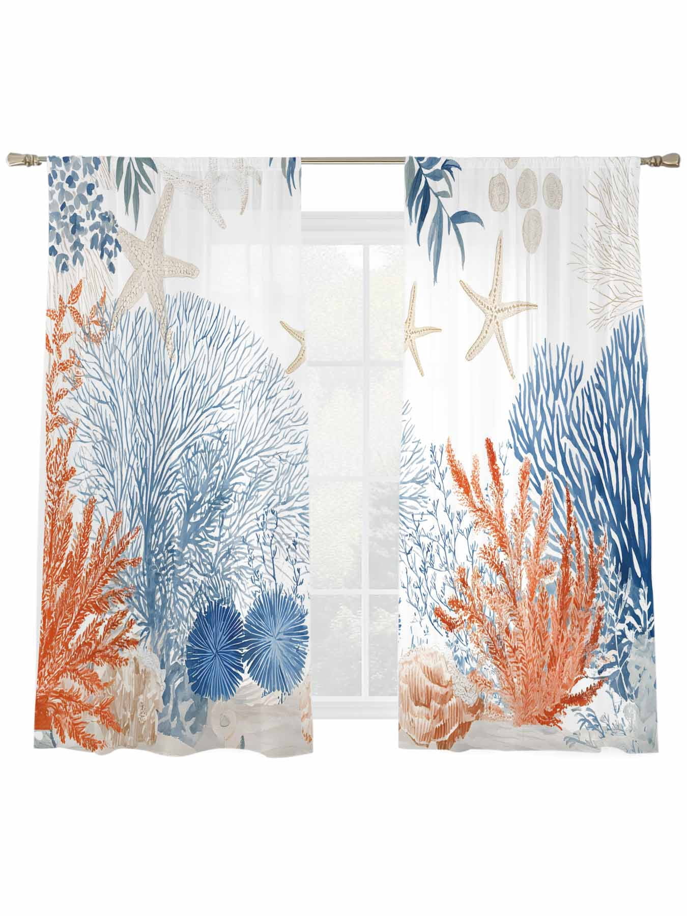 Ocean Corals Sheer Curtains 63 Inch Long 2 Panels, Summer Beach Coral ...