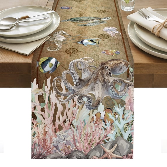Ocean Cotton Linen Table Runner Sea Turtle Jellyfish Octopus Seahorse ...