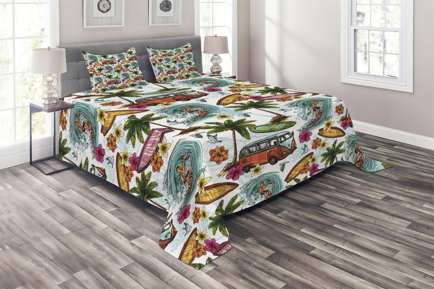 Ocean Coverlet Set Queen Size, Hawaiian Surfer on Wavy Deep Sea Retro ...