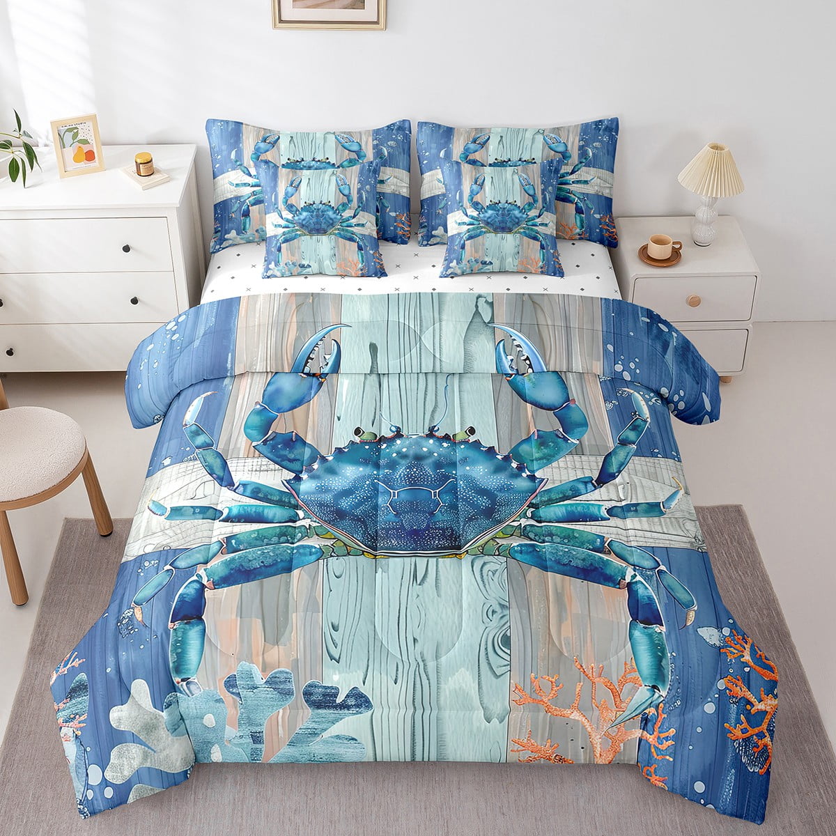 Ocean Crab Bed in a Bag Queen Comforter Set 7 Piece,Under Sea Coral ...