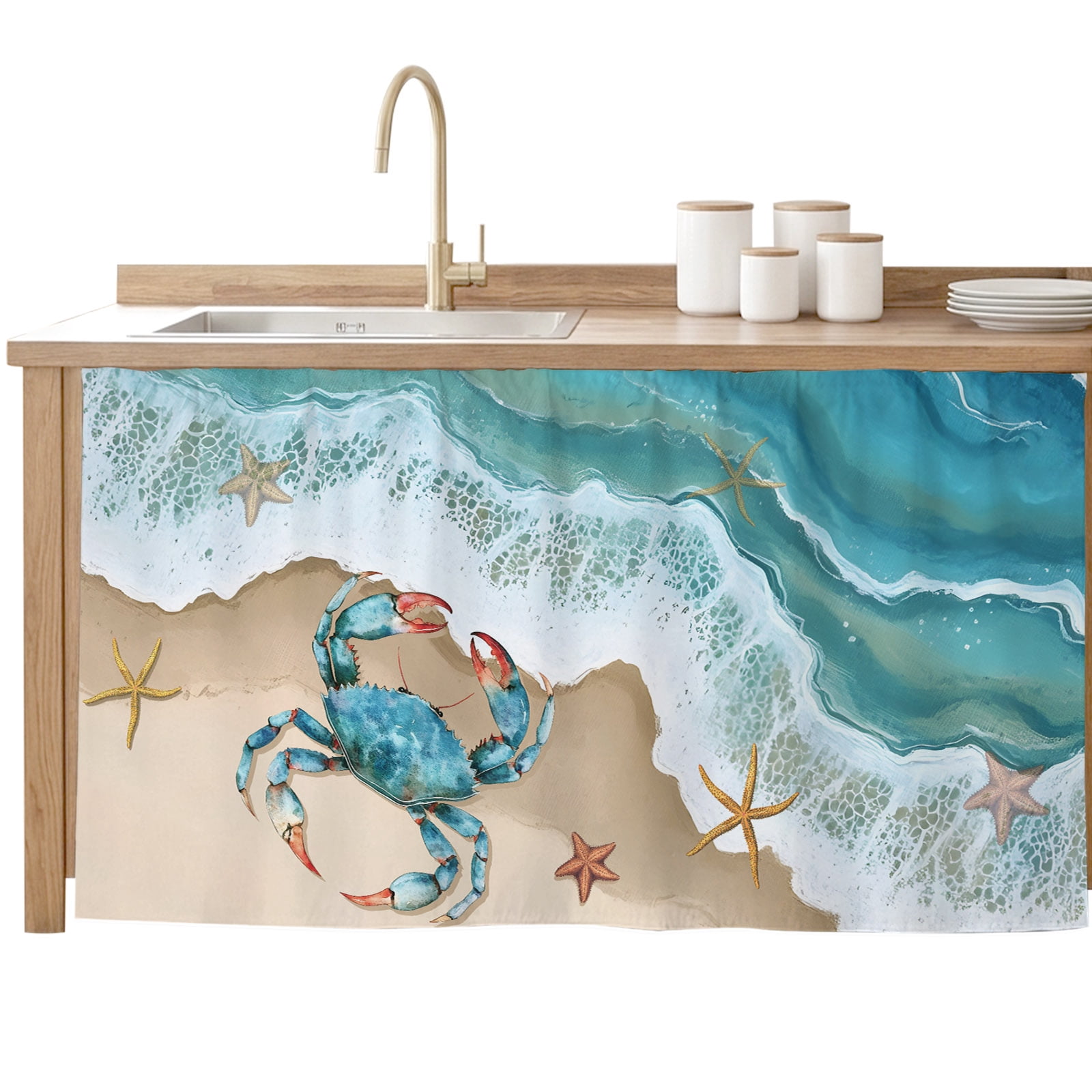 Ocean Crab Cabinet Curtains 28"W x 51"L,Dustproof Sink Skirt Curtain ...
