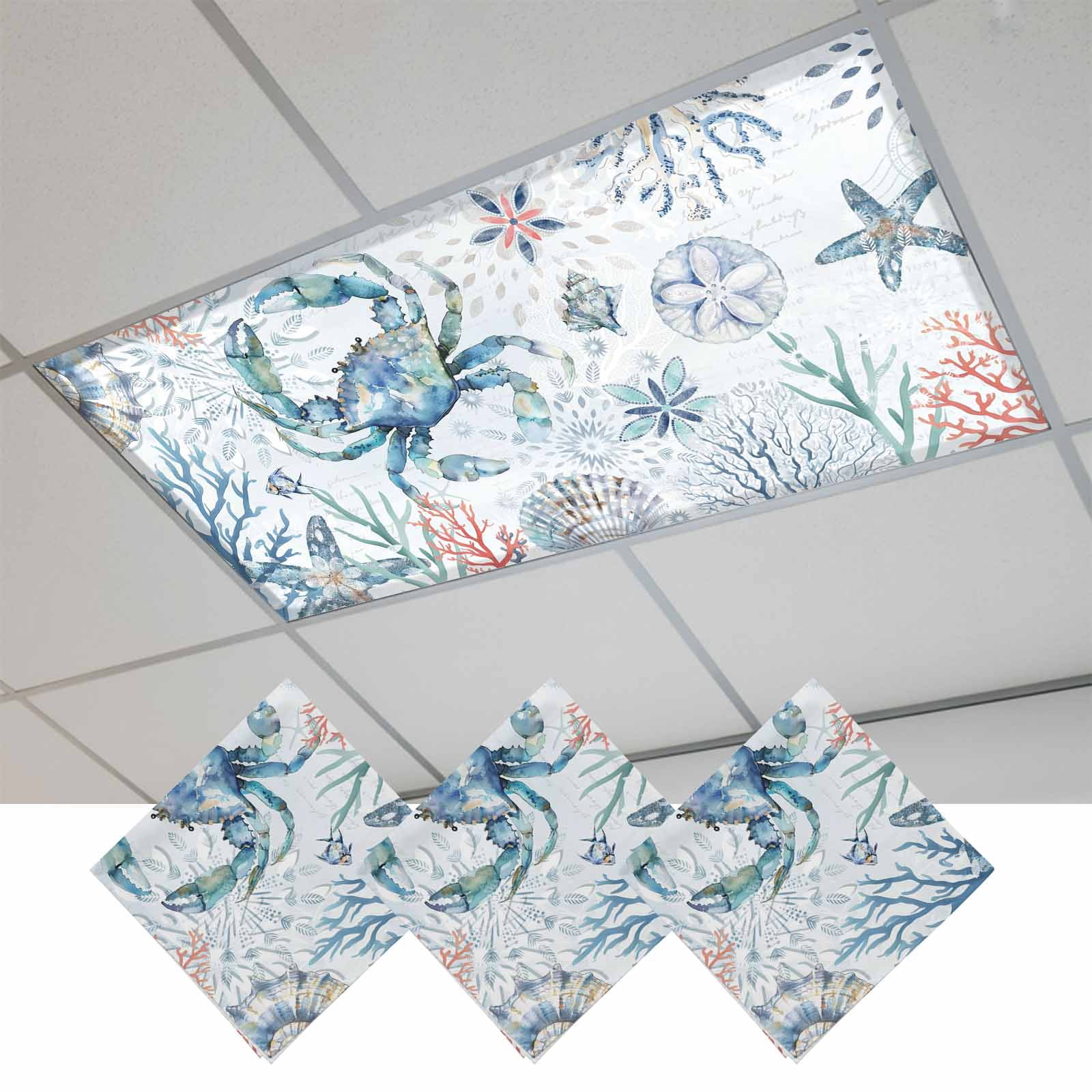 Ocean Crab Fluorescent Light Covers, Summer Coastal Coral Flower Shells ...