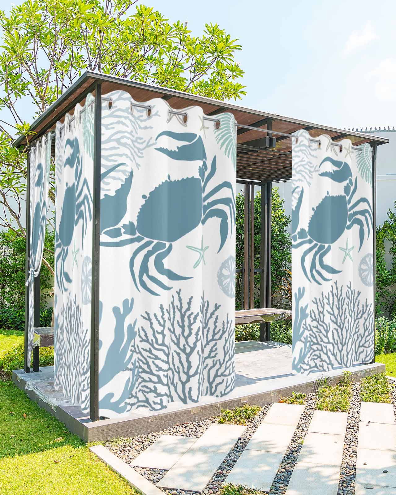 Ocean Crab Outdoor Curtains for Patio Waterproof,Teal Blue Starfish ...