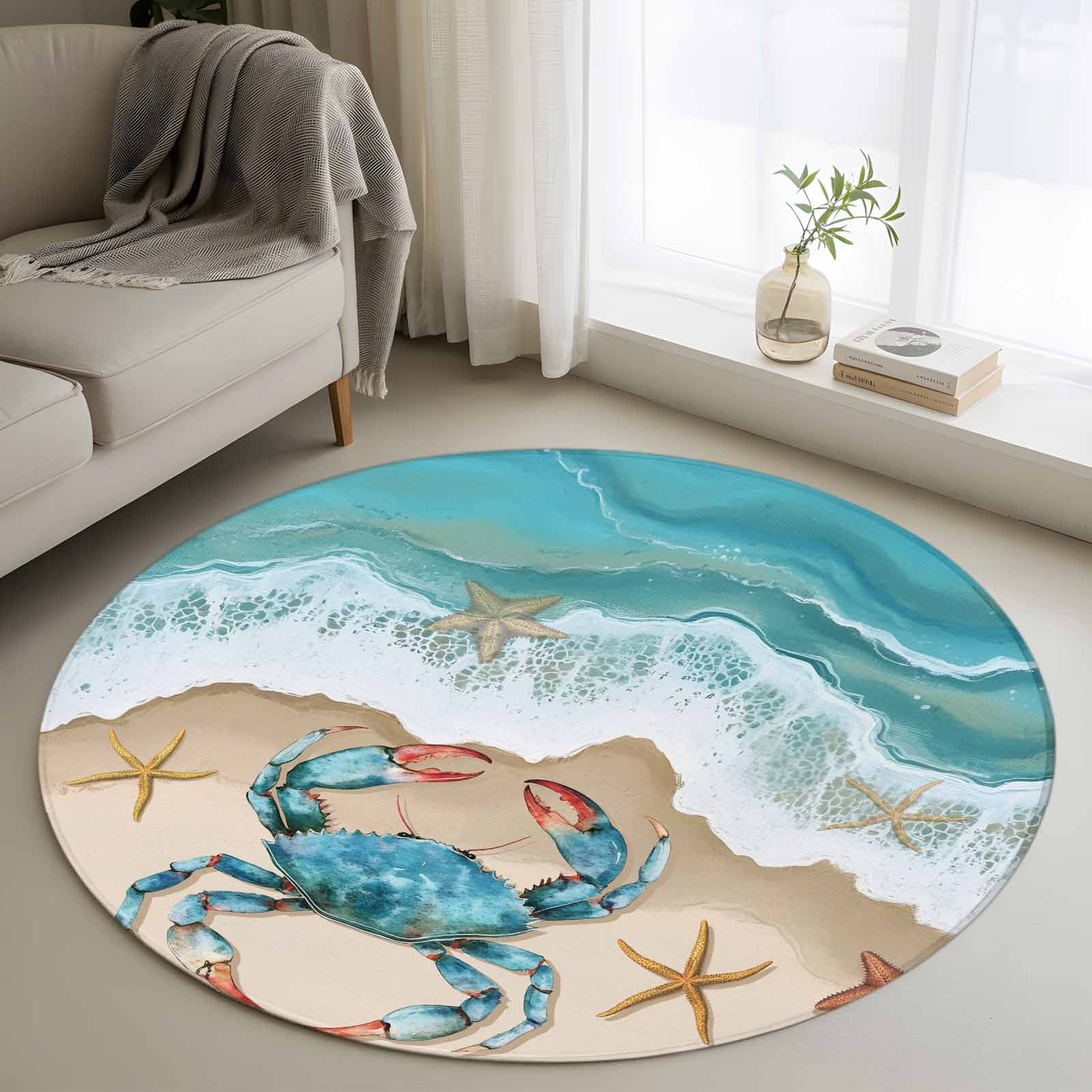 Ocean Crab Round Rug 3ft Washable Circle Entryway Rugs Non Slip Beach ...