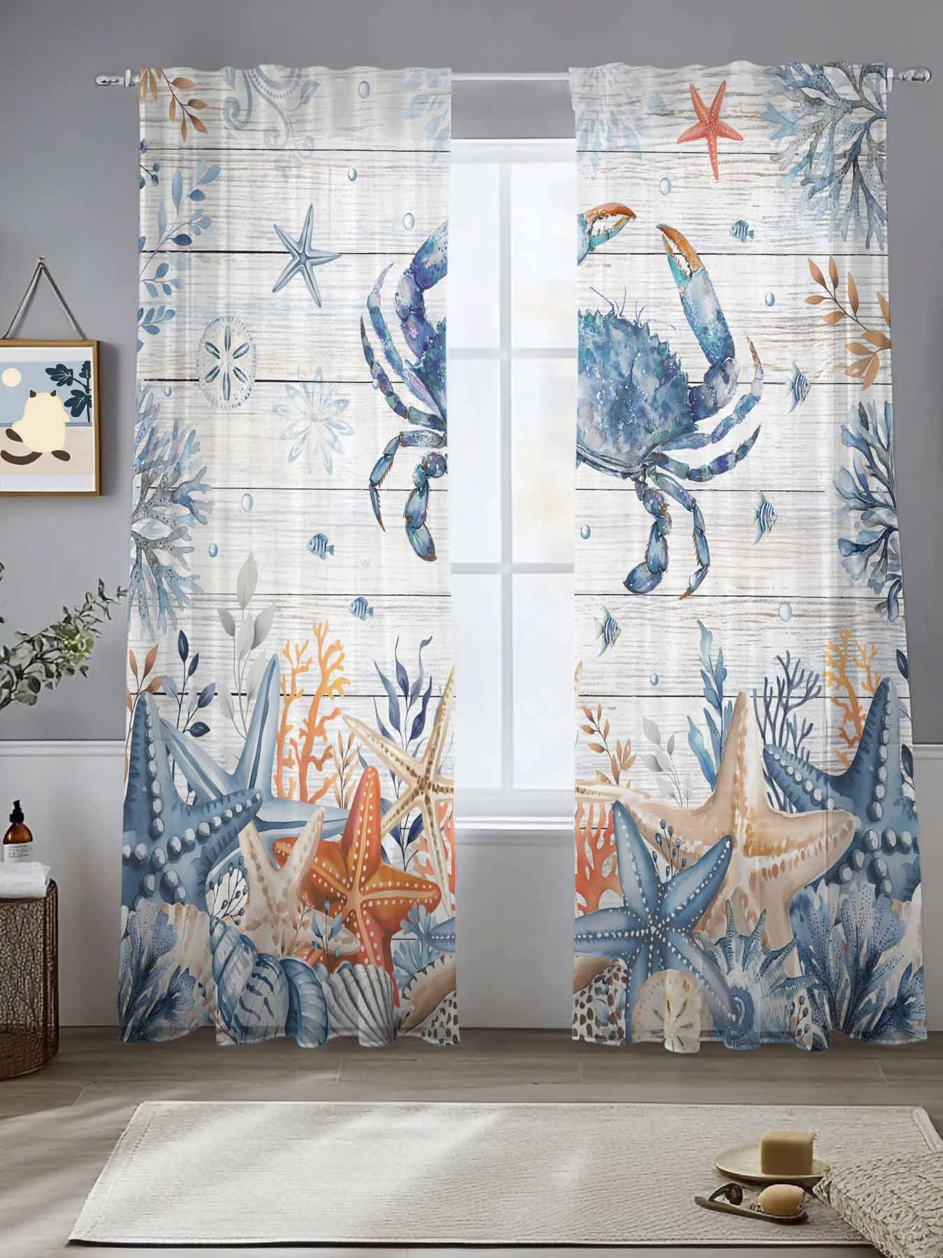 Ocean Crab Starfish Coral Fish Chiffon Sheer Curtains 84 Inches Long ...