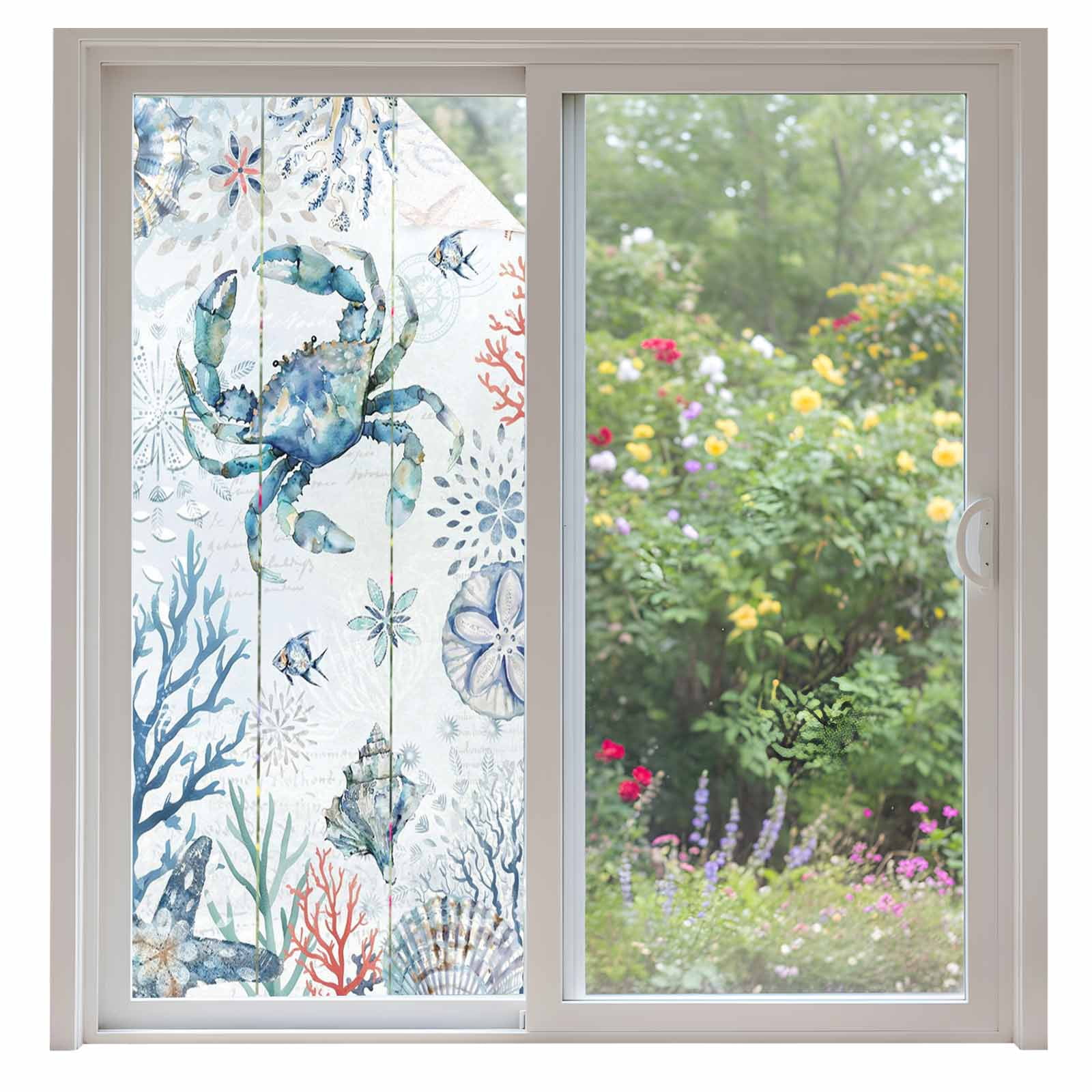 Ocean Crab Window Privacy Film, Summer Coastal Coral Flower Shells ...
