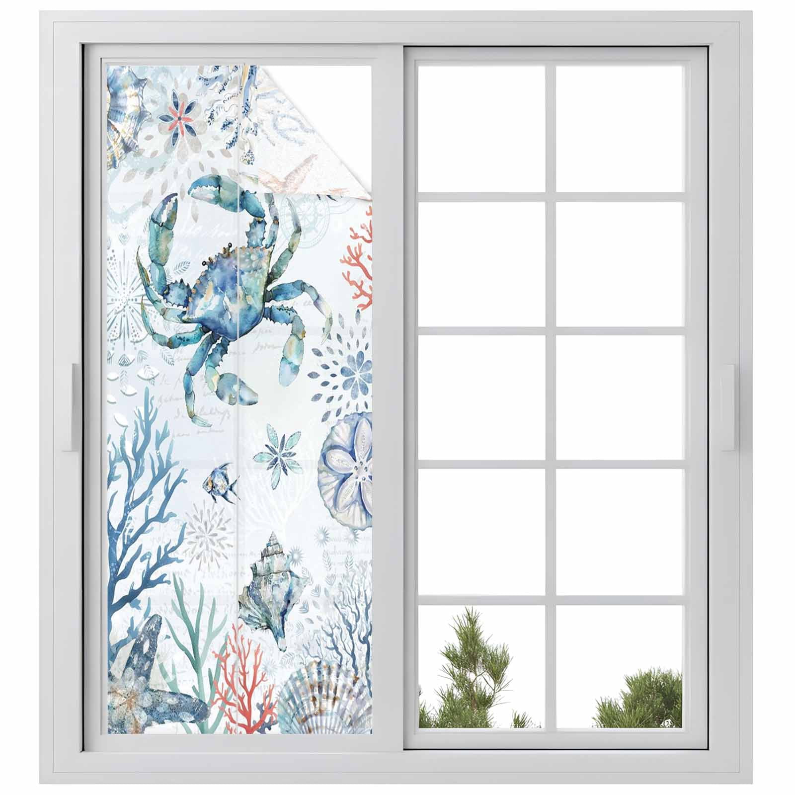 Ocean Crab Window Privacy Film, Summer Coastal Coral Flower Shells ...
