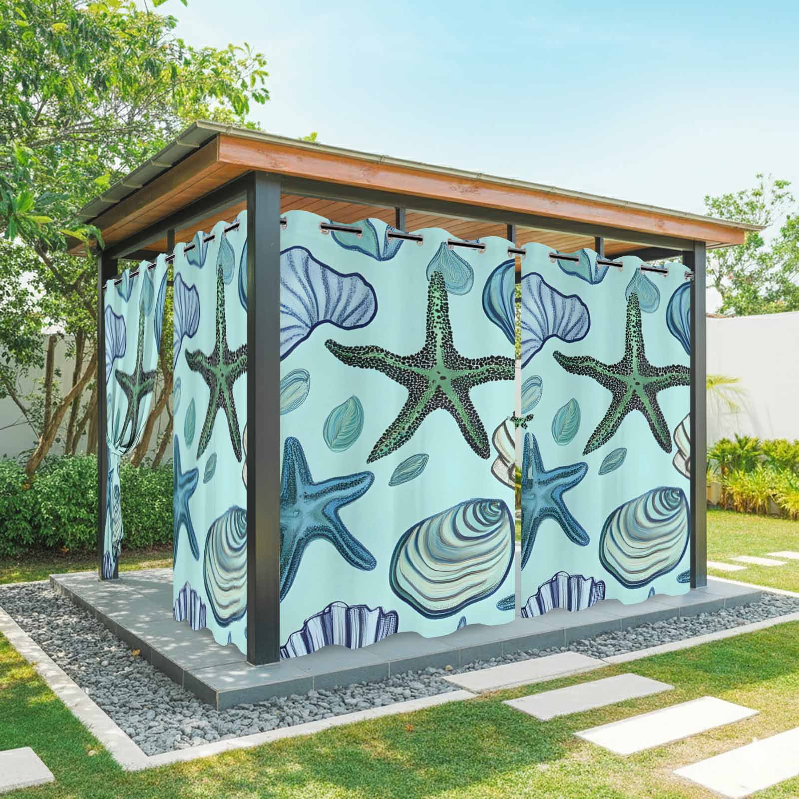 Ocean Creature Outdoor Curtains for Patio Waterproof, Conch Blue Shell ...