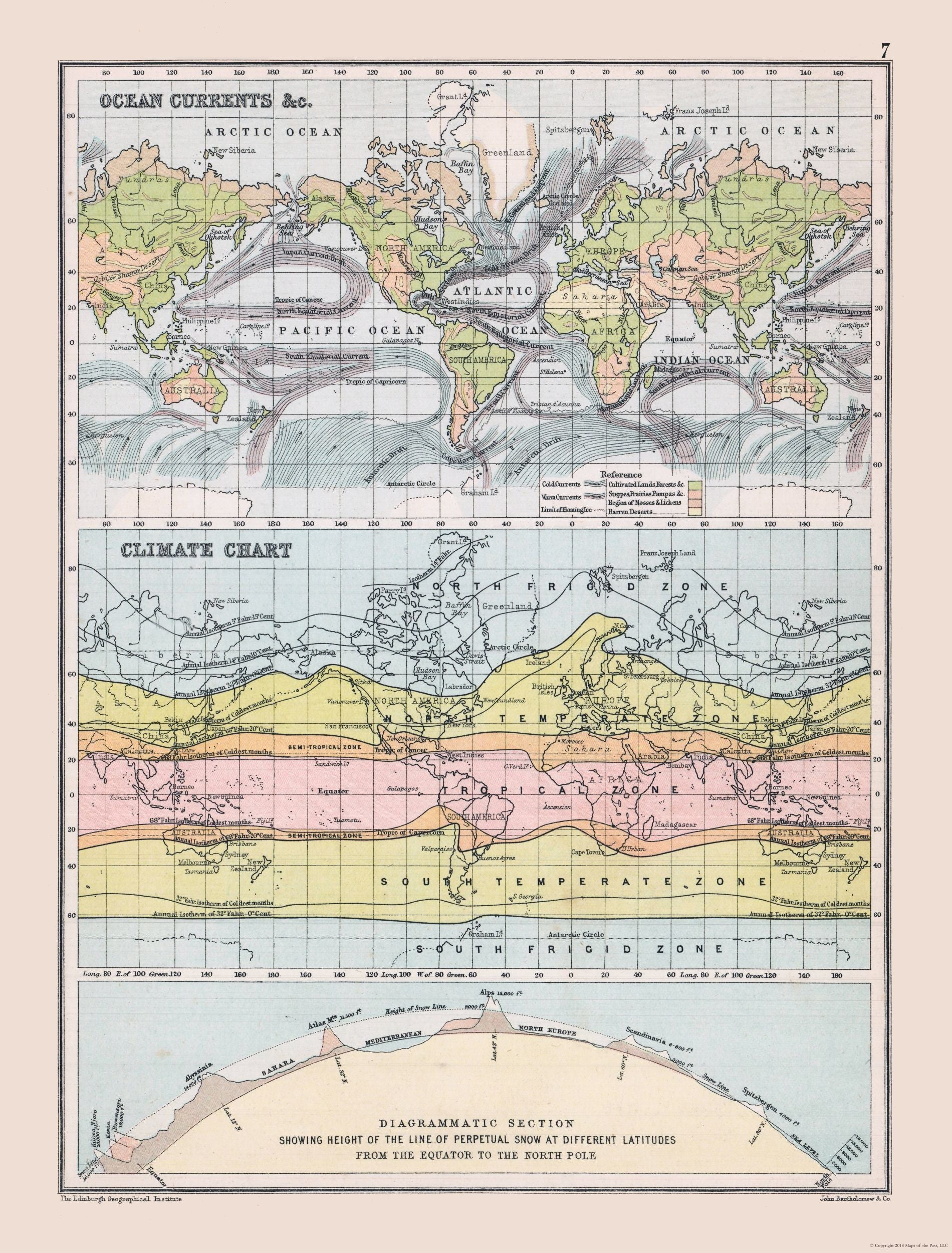 Historic Nautical Map - Ocean Currents Climate Chart - Bartholomew 1892 ...