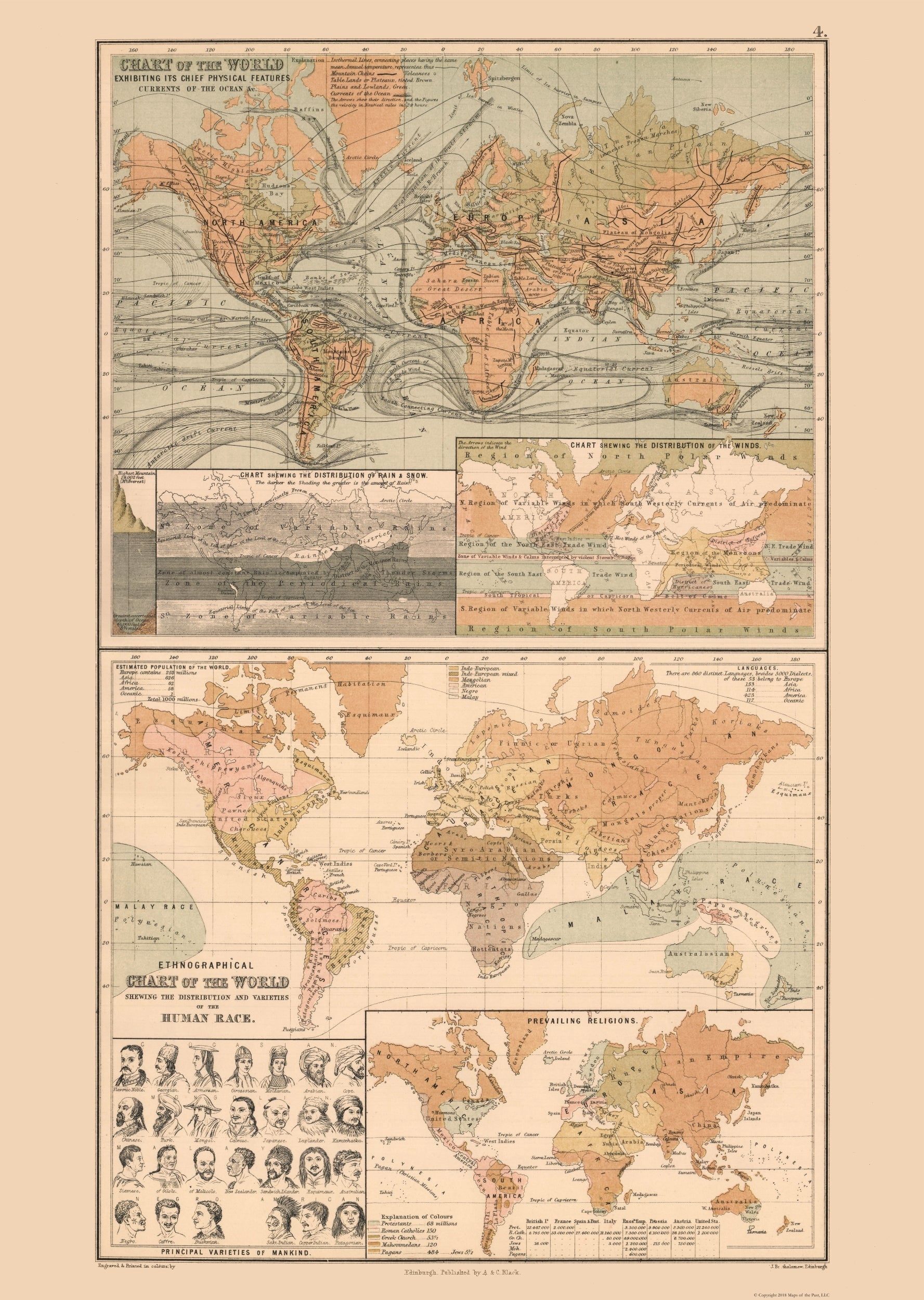 Historic Nautical Map - Ocean Currents Human Races World - Black 1867 ...