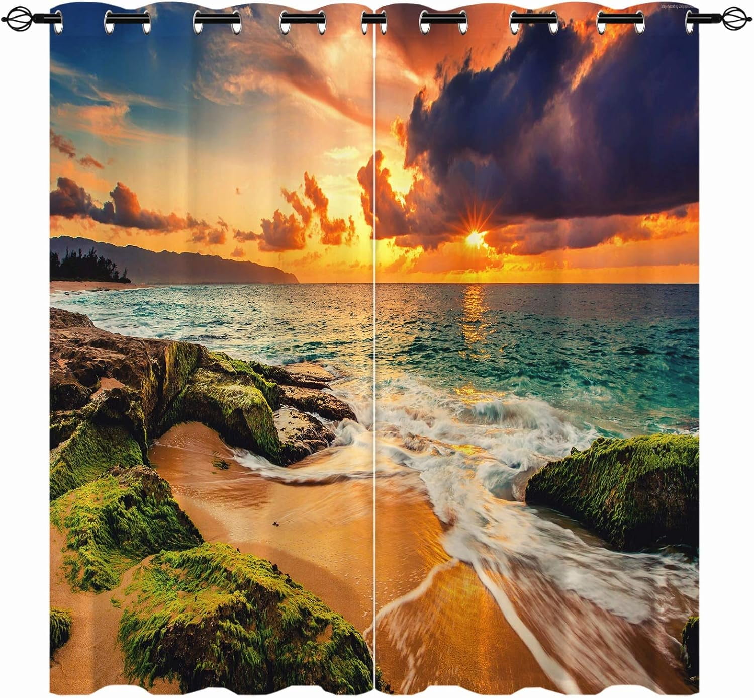Ocean Curtains, Beach Tropical Hawaiian Island Sunset Sea Waves ...