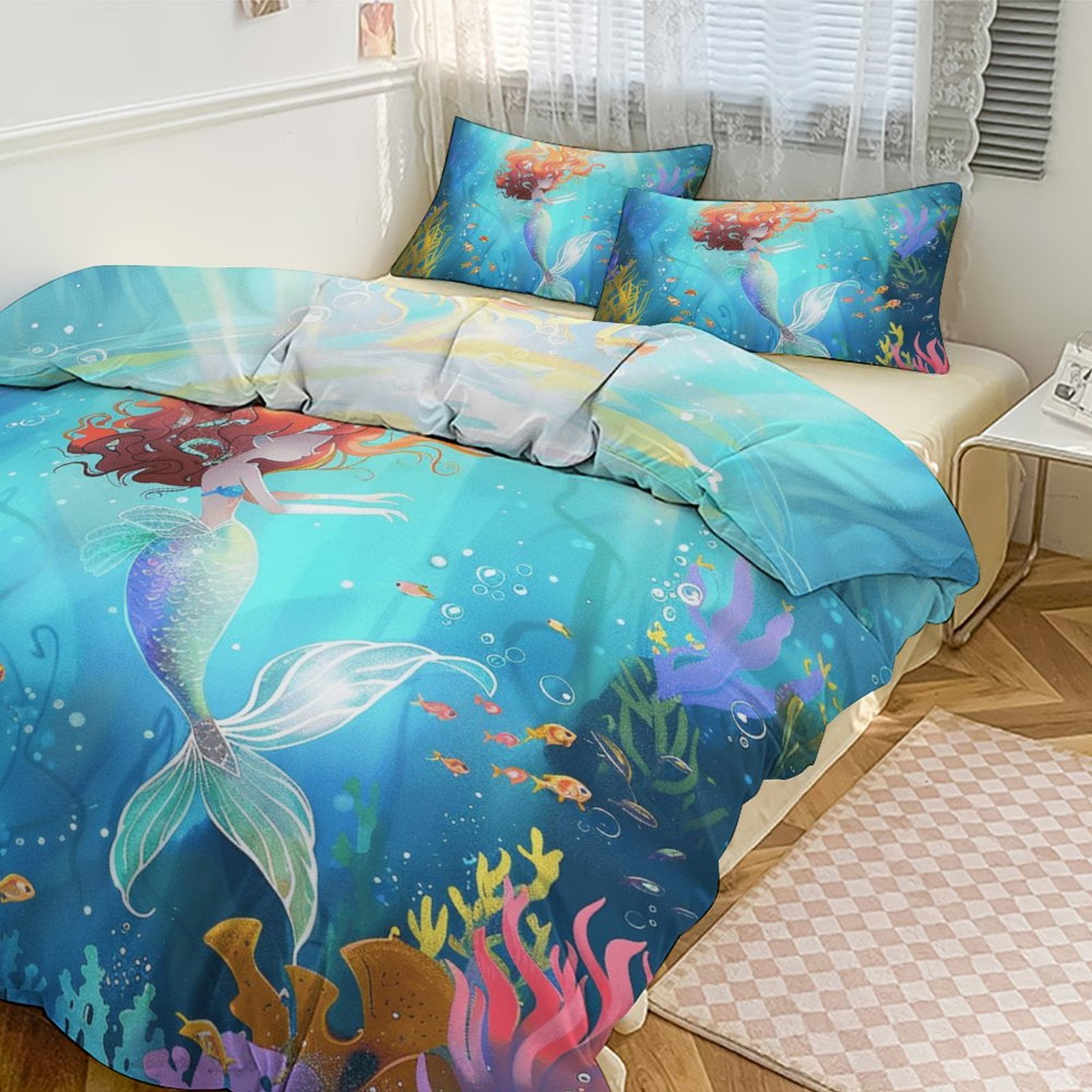 Ocean Cute Mermaid Bedding Sets Twin Duvet Cover 3 Piece Cute Bed Set for Boys Girls Kid ...