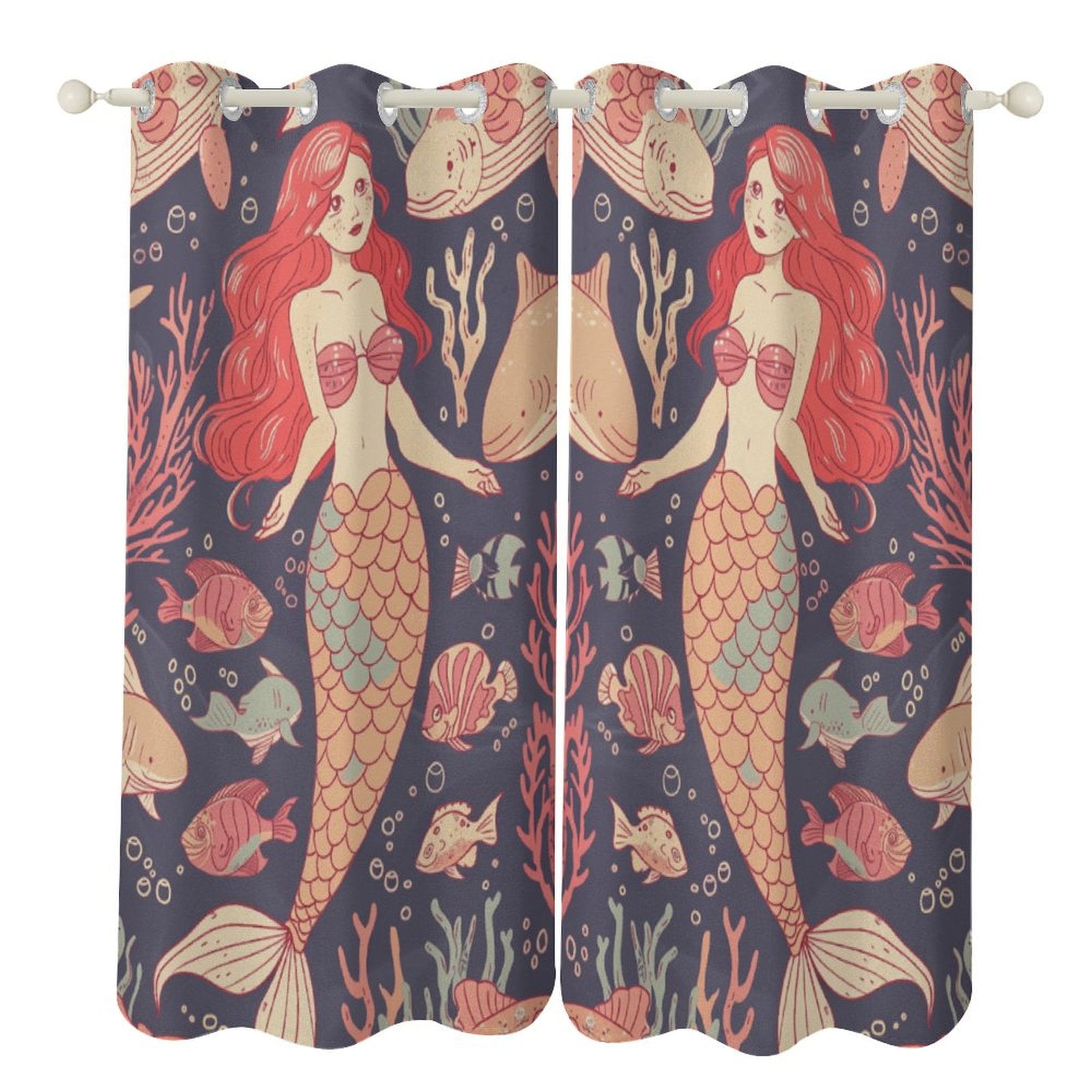 Ocean Cute Mermaid Window Curtain Panels Grommet Blackout Curtains ...