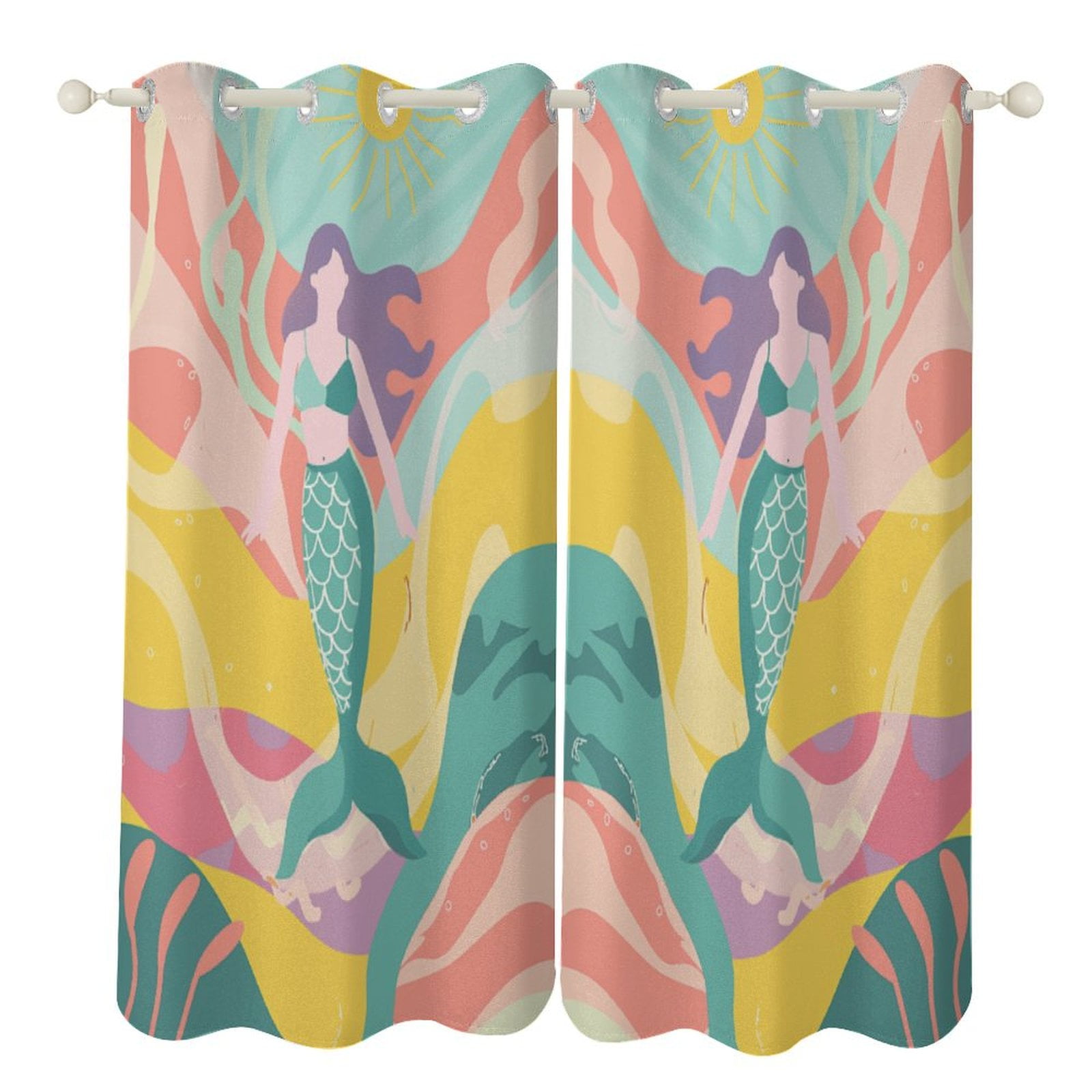 Ocean Cute Mermaid Window Curtain Panels Grommet Blackout Curtains ...