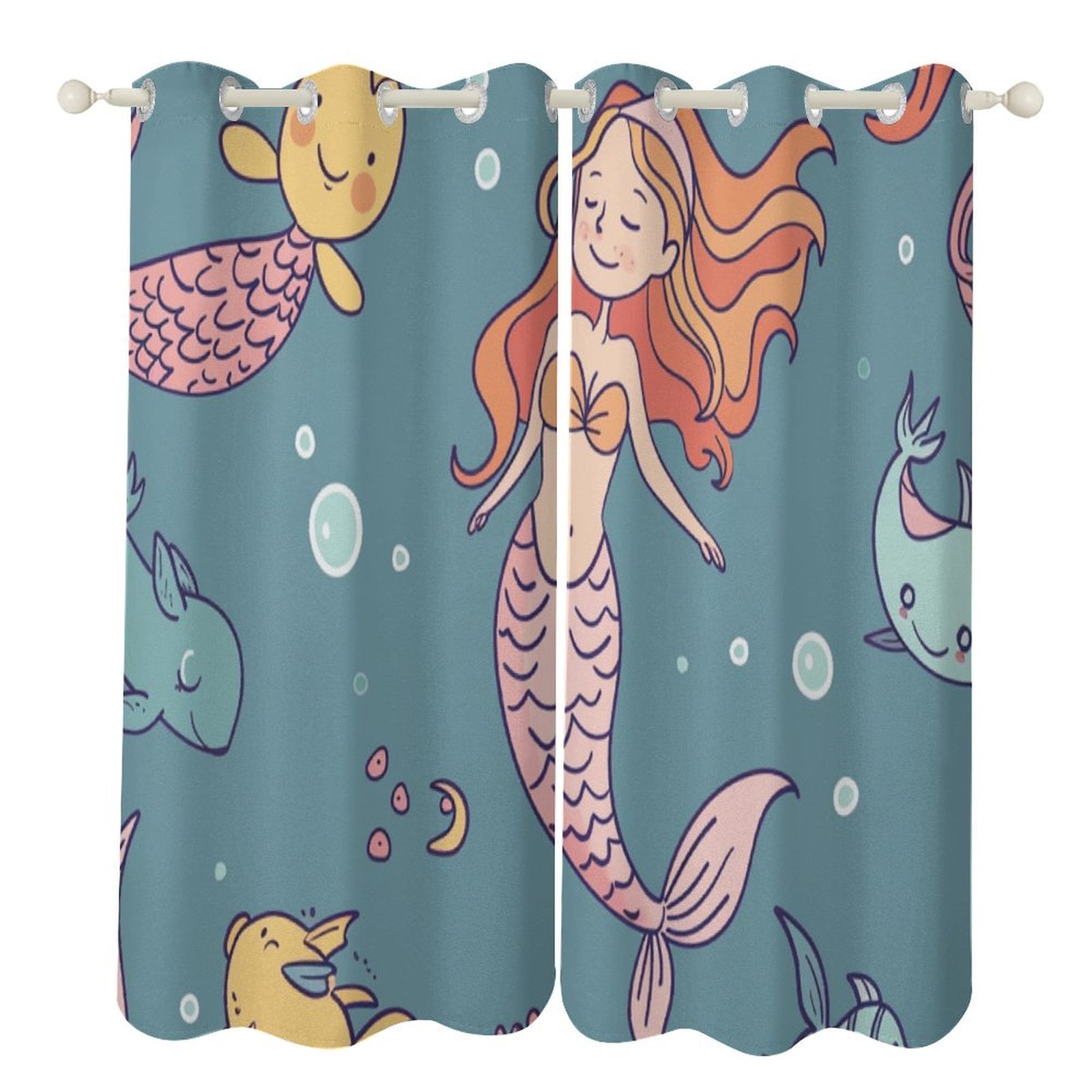 Ocean Cute Mermaid Window Curtain Panels Grommet Blackout Curtains ...