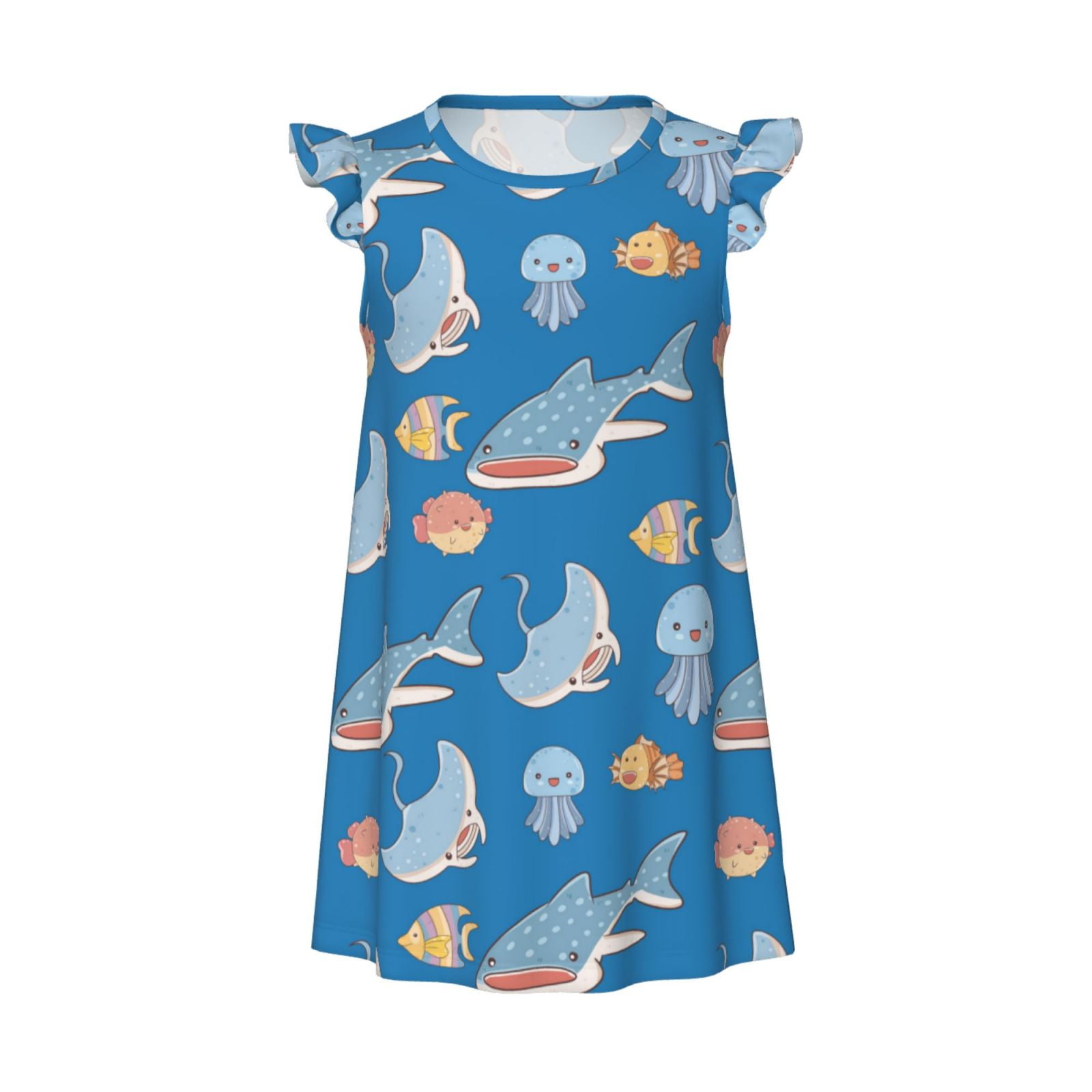 Ocean Cute Shark Jellyfish Fish Girls Nightgown, Flutter Short Sleeves ...