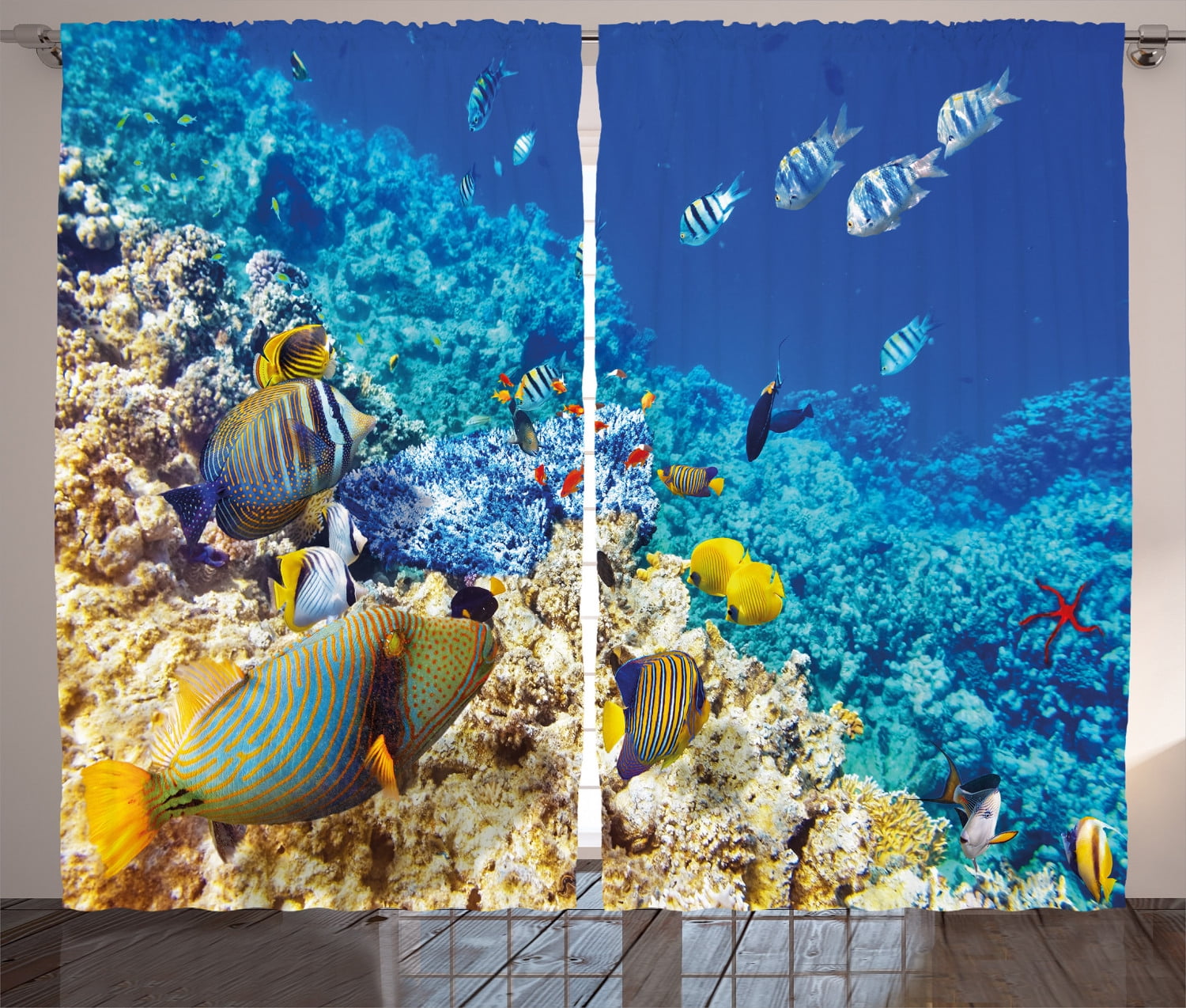 Ambesonne Fish Curtains 2 Panel Set, Aquatic Corals, 108" x 84 ...