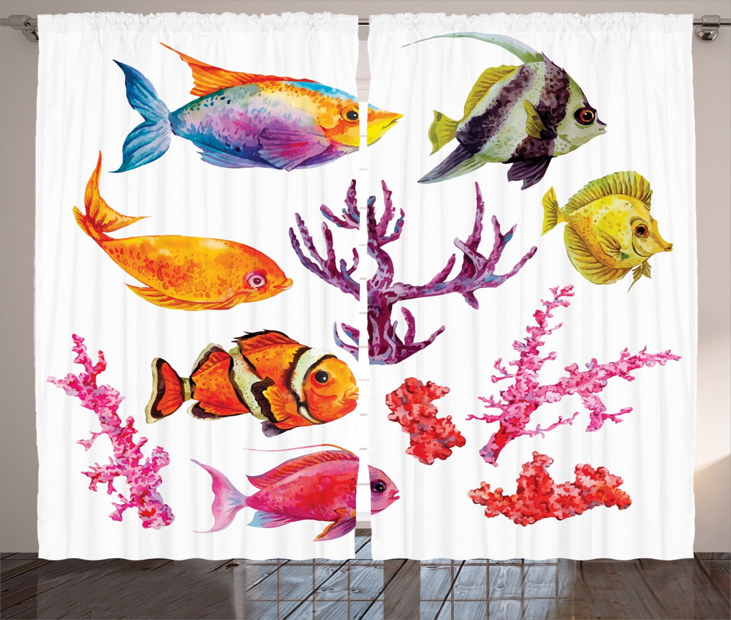Ambesonne Fish Curtains 2 Panel Set, Tropic Life Seaweed Coral, 108" x ...