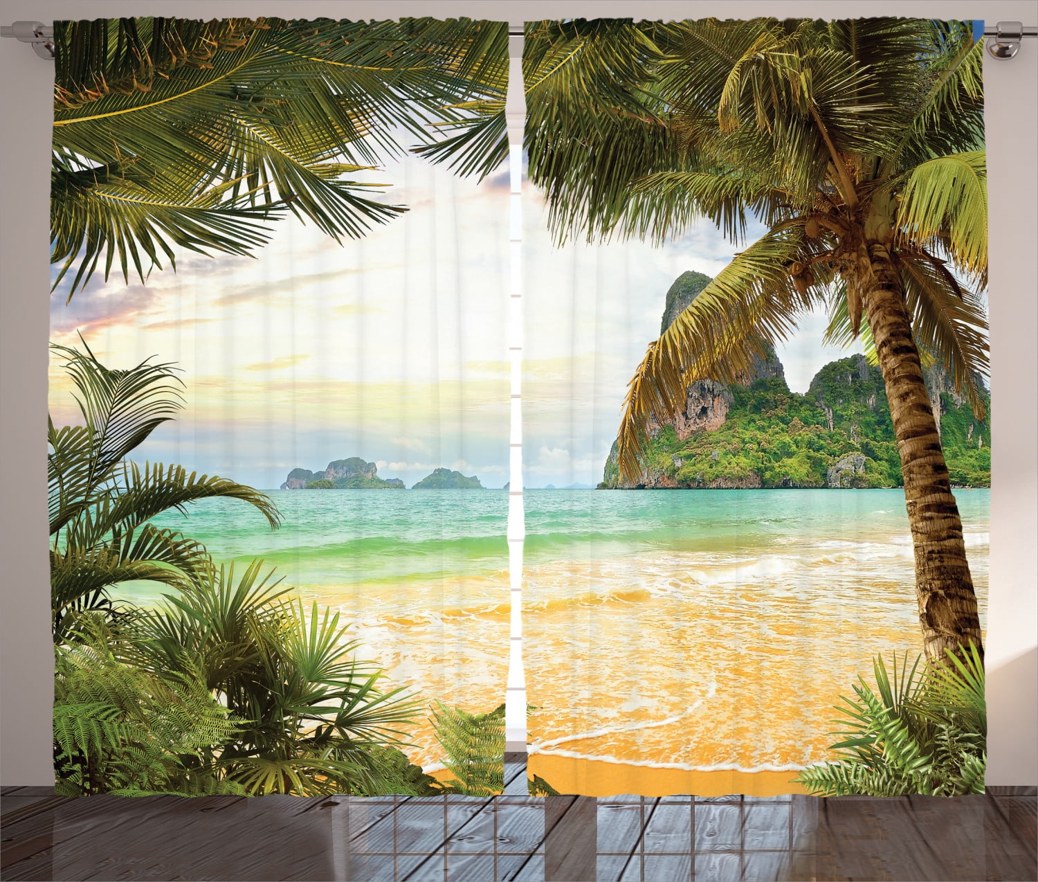 Ambesonne Island Curtains 2 Panel Set, Palm Coconut Trees Beach, 108" x ...