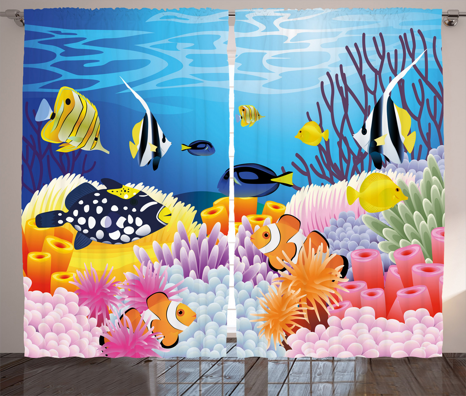 Ambesonne Fish Curtains 2 Panel Set, Fish Coral Reefs, 108" x 84 ...
