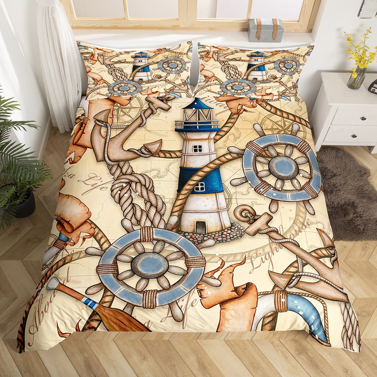 Ocean Decor King Bedding Set for Boys,Vintage Boat Anchor Comforter Cover Lighthouse Duvet Cover ...
