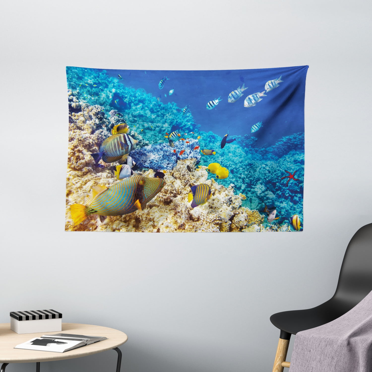 Ocean Decor Tapestry, Barrier Reefs Covered Sea with Lagoon Zebrafish ...