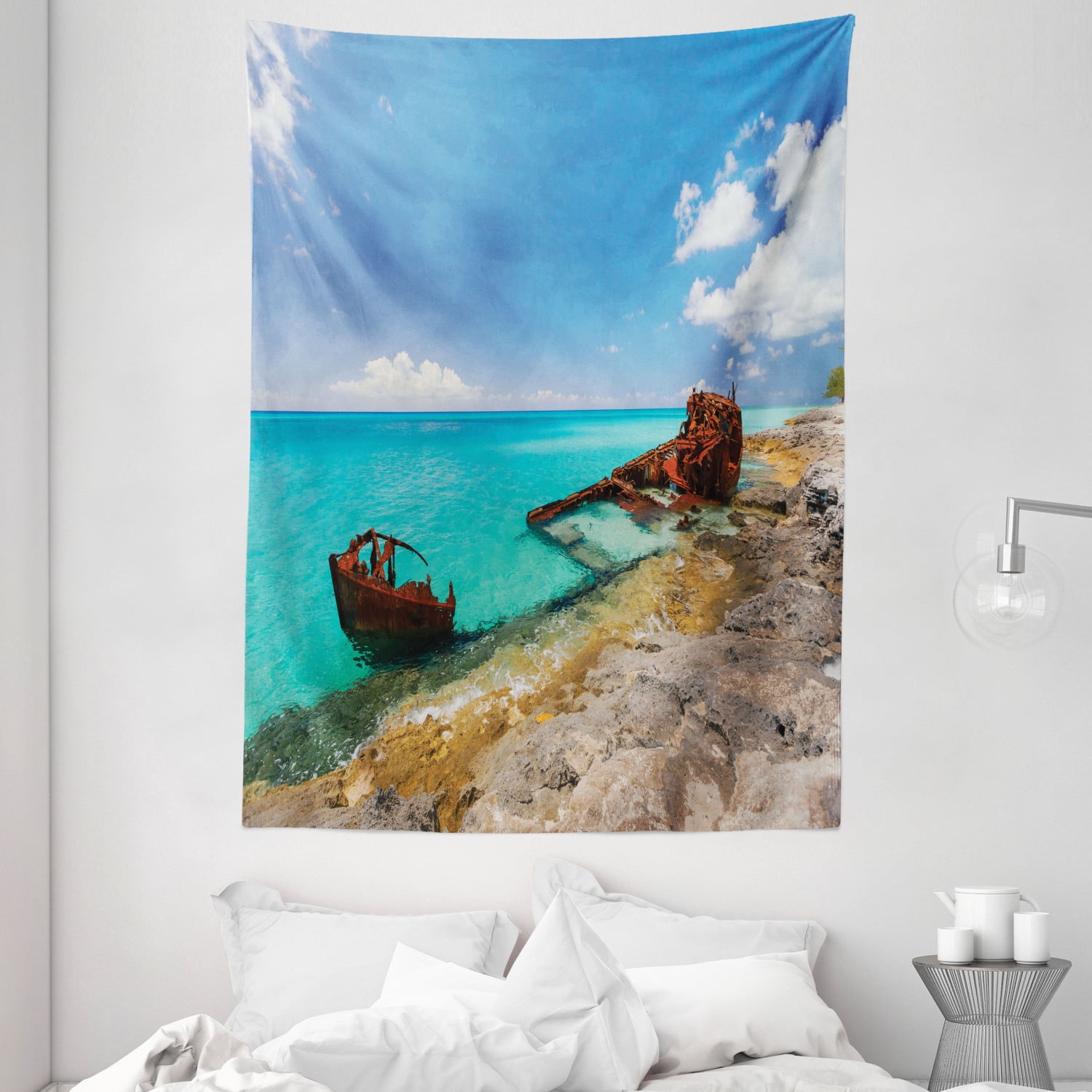 Ocean Decor Tapestry, Ship Wreckage on Peaceful Rock Shore Natural ...