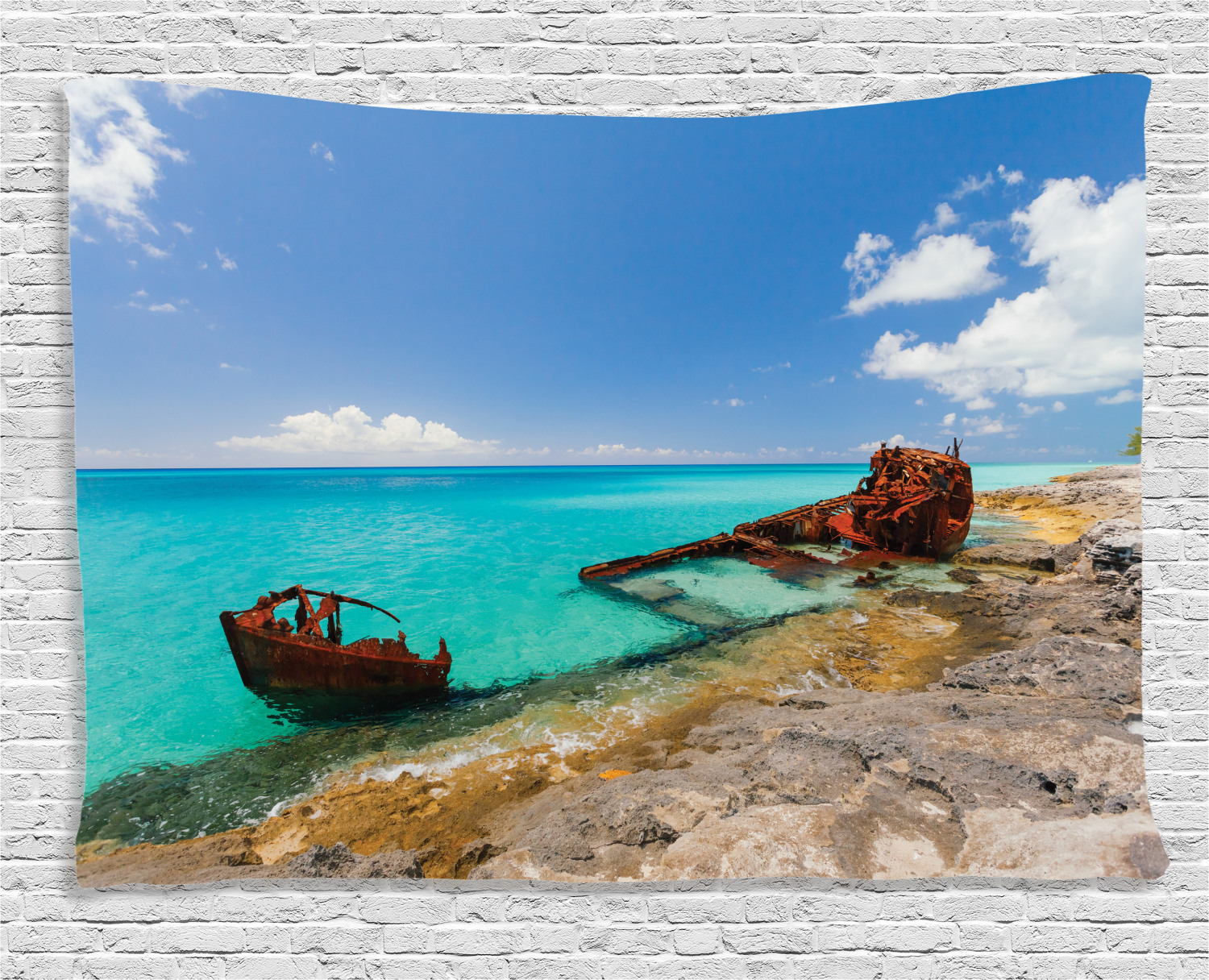 Ocean Decor Tapestry, Ship Wreckage on Peaceful Rock Shore Natural ...